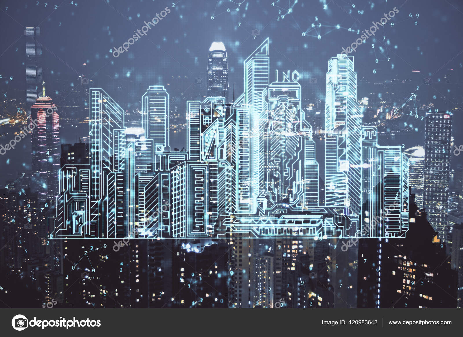 Double Exposure Buildings Hologram Cityscape Background Concept Smart City Stock Illustration by ...