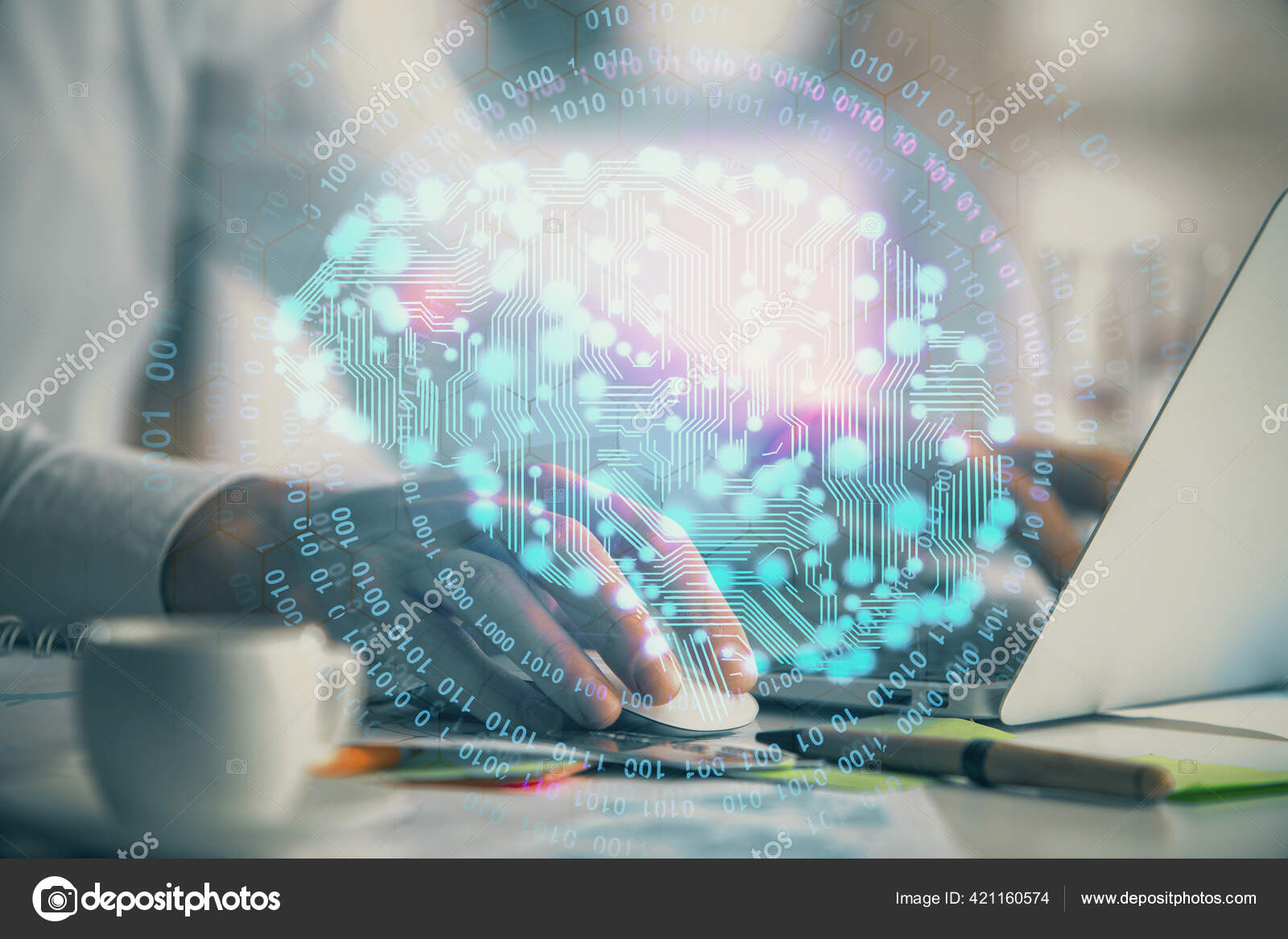 Man Typing Keyboard Background Brain Hologram Concept Big Data — Stock Photo © peshkova #421160574