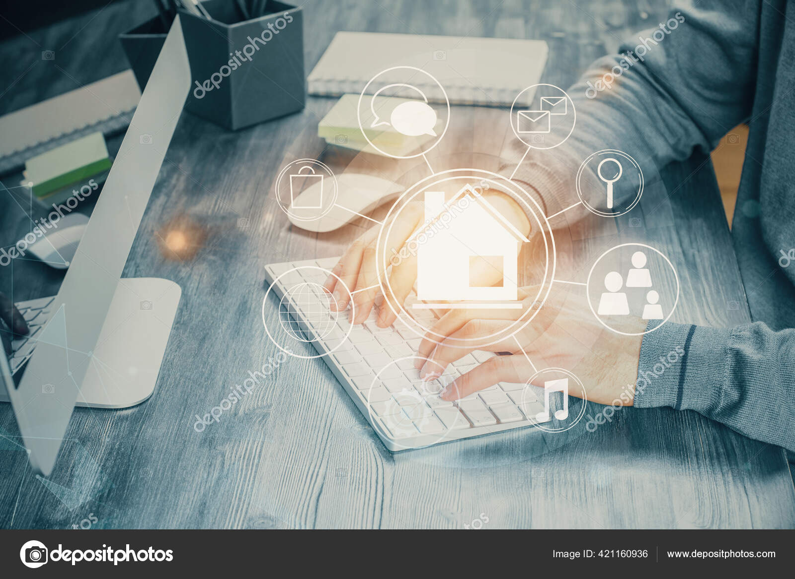 High Tech City Drawing Businessman Working Computer Background ...