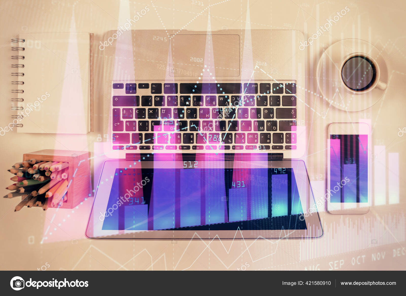 Stock Market Chart Top View Computer Table Background Multi Exposure ...
