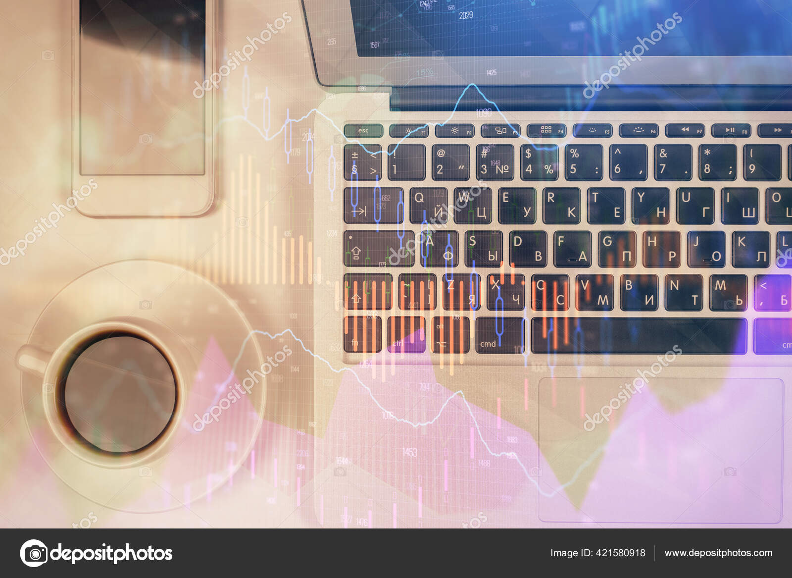 Stock Market Chart Top View Computer Table Background Multi Exposure ...