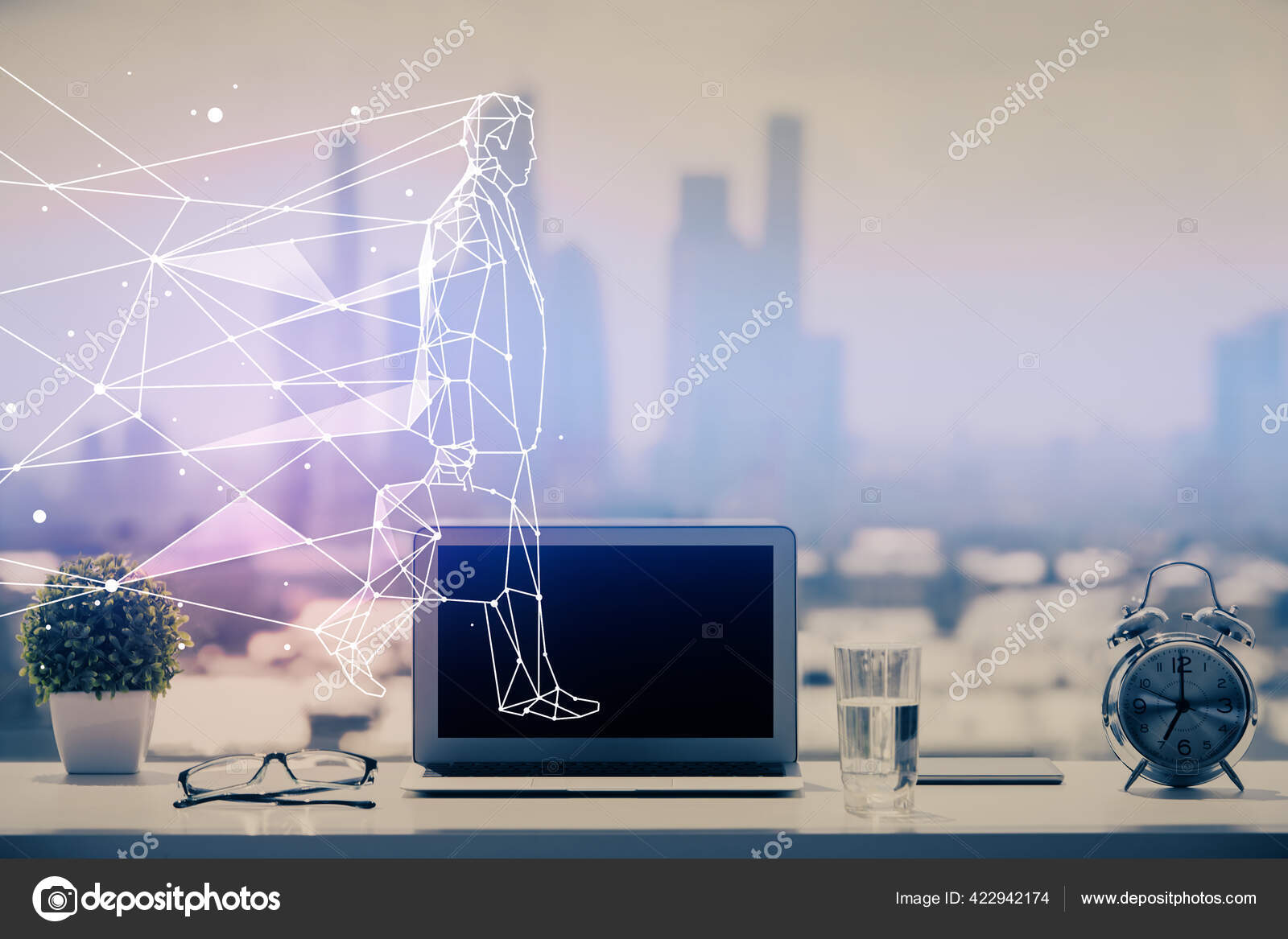 Desktop computer background in office and start up theme hologram ...