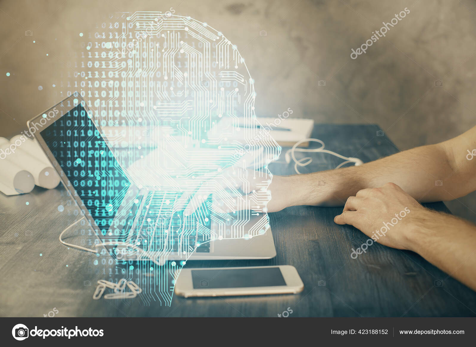 Man typing on keyboard background with brain hologram. Concept of big Data. — Stock Photo ...