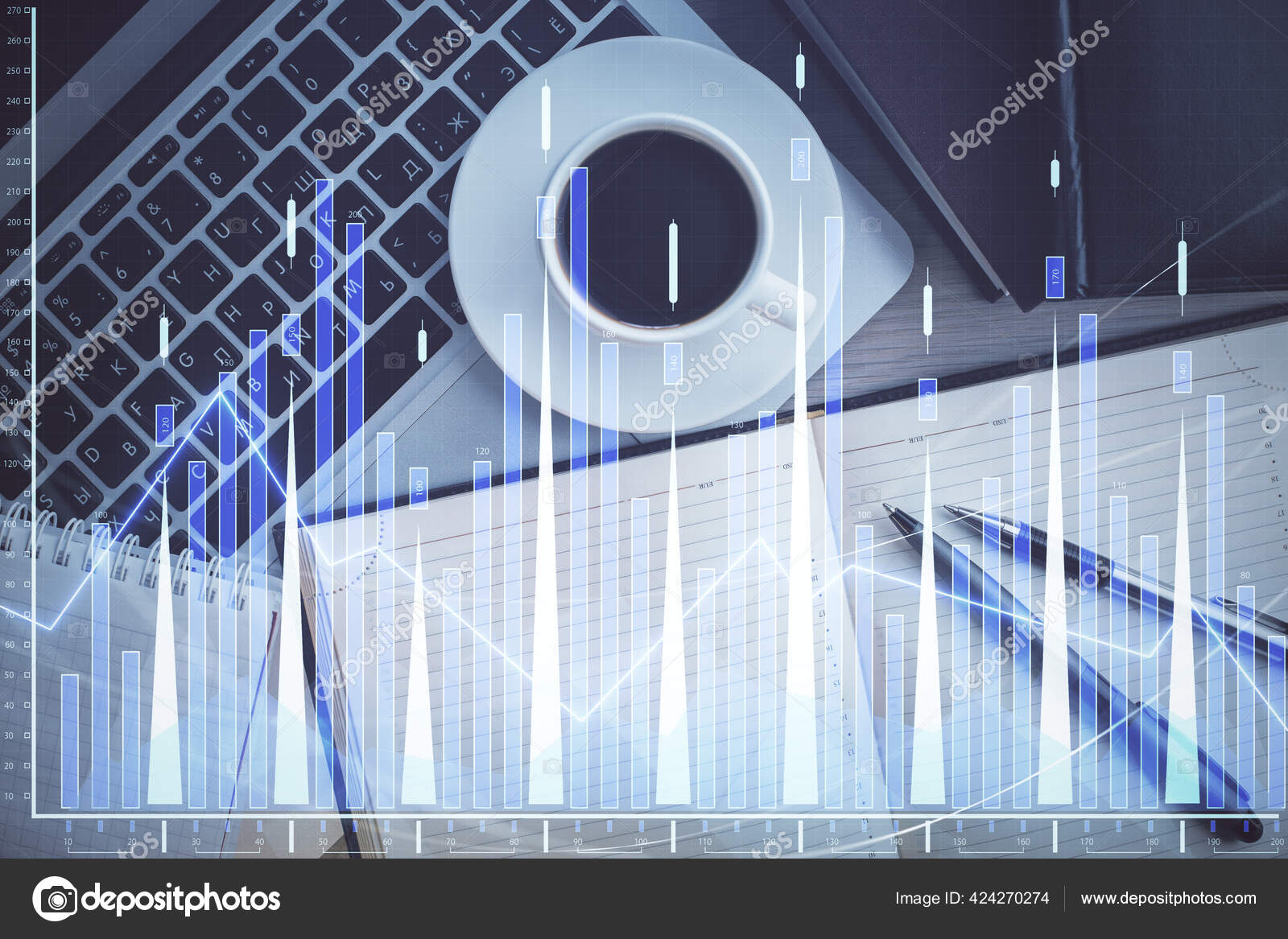 Stock market chart and top view computer on the table background ...