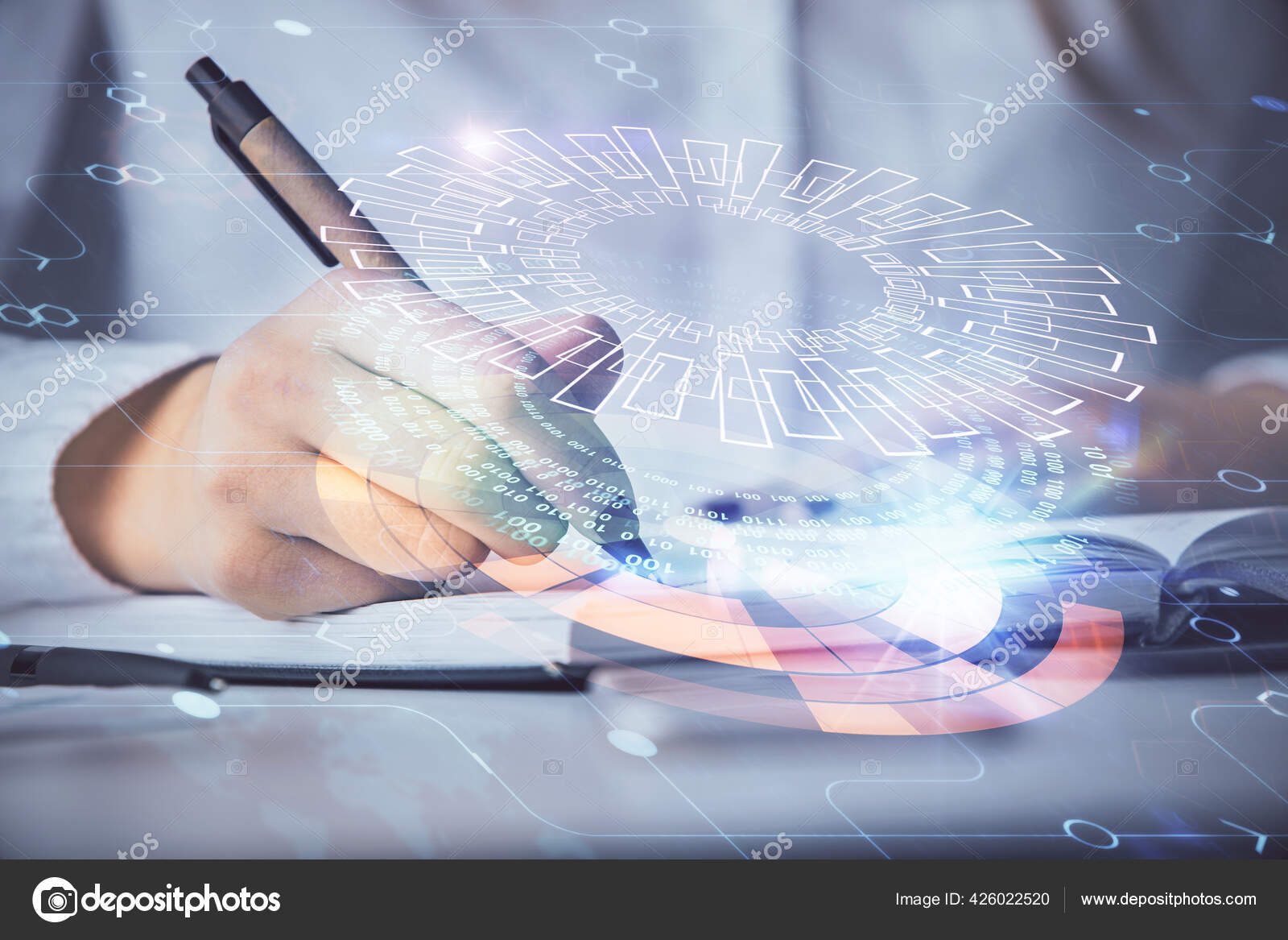 Multi exposure of hands making notes with world map hologram and data ...