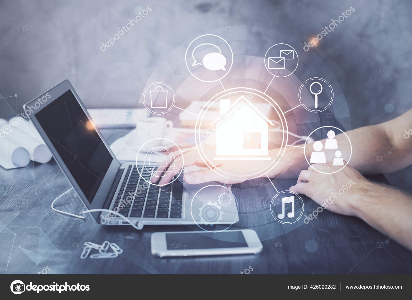 High tech city drawing with businessman working on computer on ...