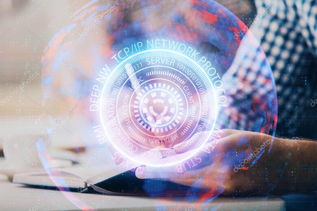 Primer plano de las manos humanas y tecnolog as innovadoras abstractas para las industrias ...