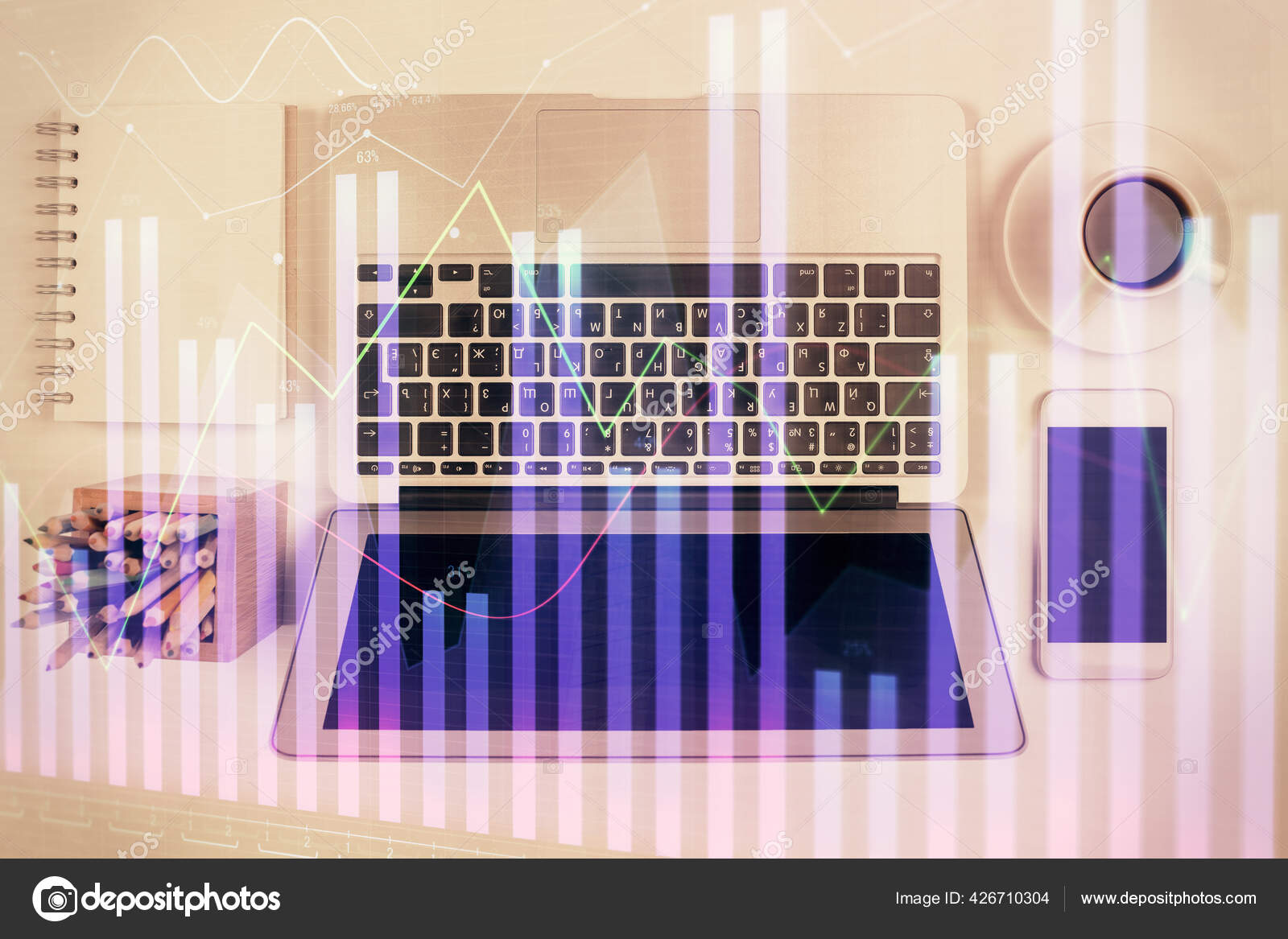 Stock Market Chart Top View Computer Table Background Multi Exposure ...
