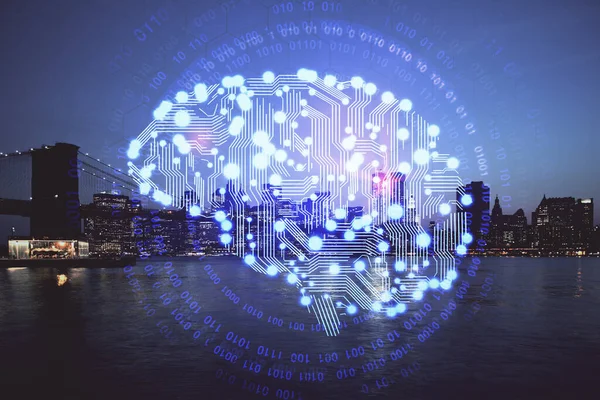 Brain hologram drawing on city scape background Double exposure ...