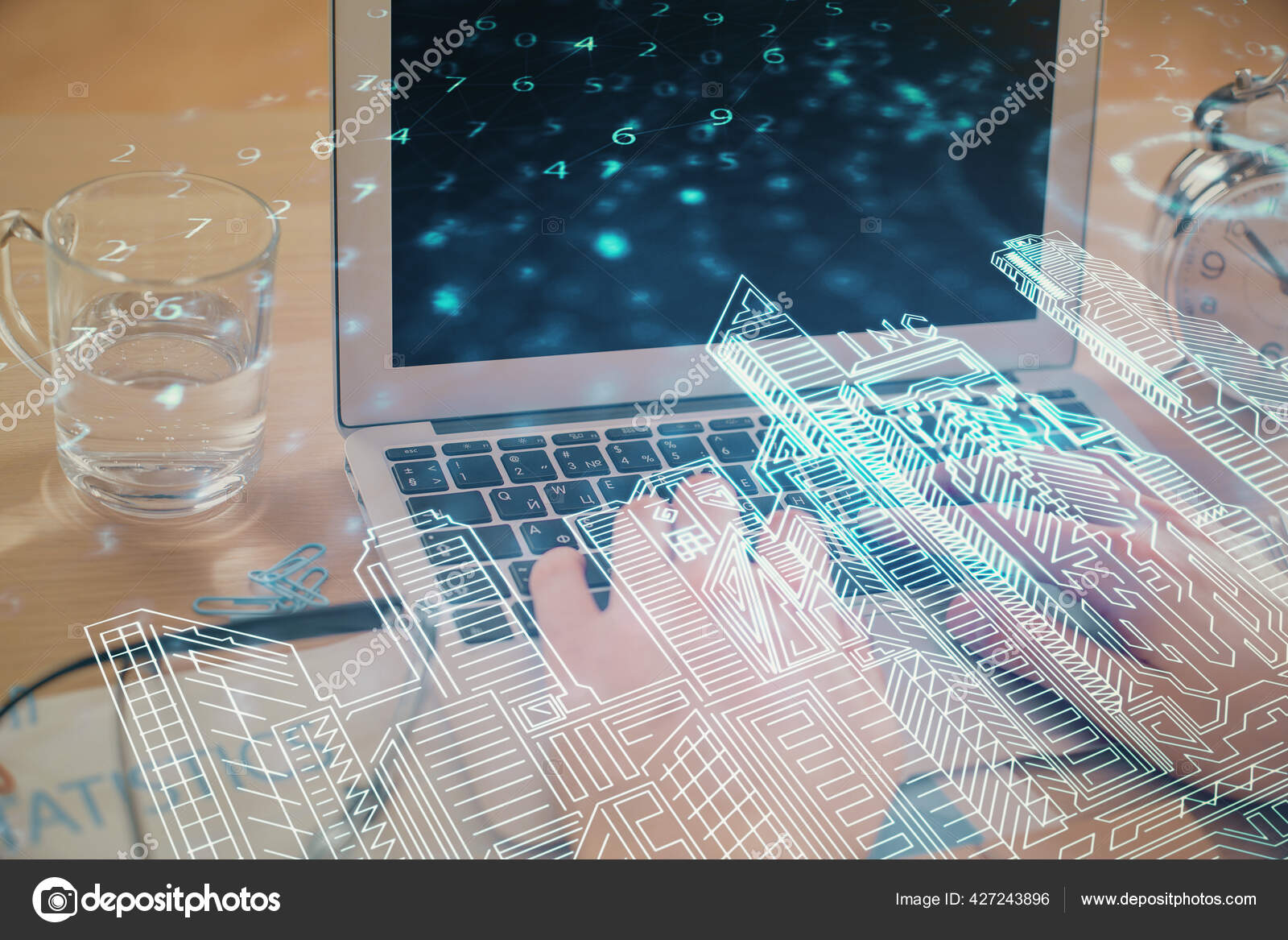 High tech city drawing with businessman working on computer on ...