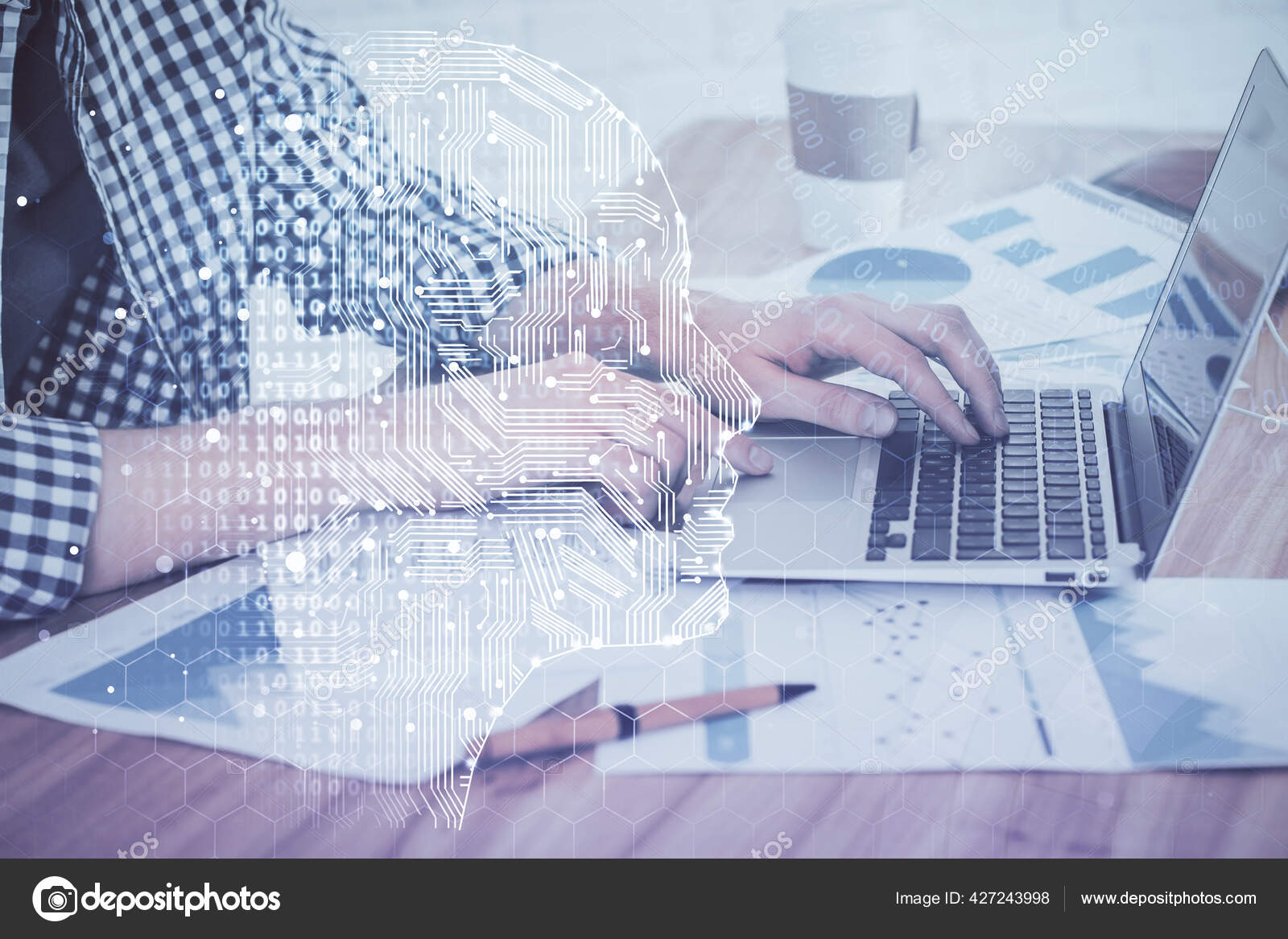 Man typing on keyboard background with brain hologram. Concept of big Data. Double exposure ...