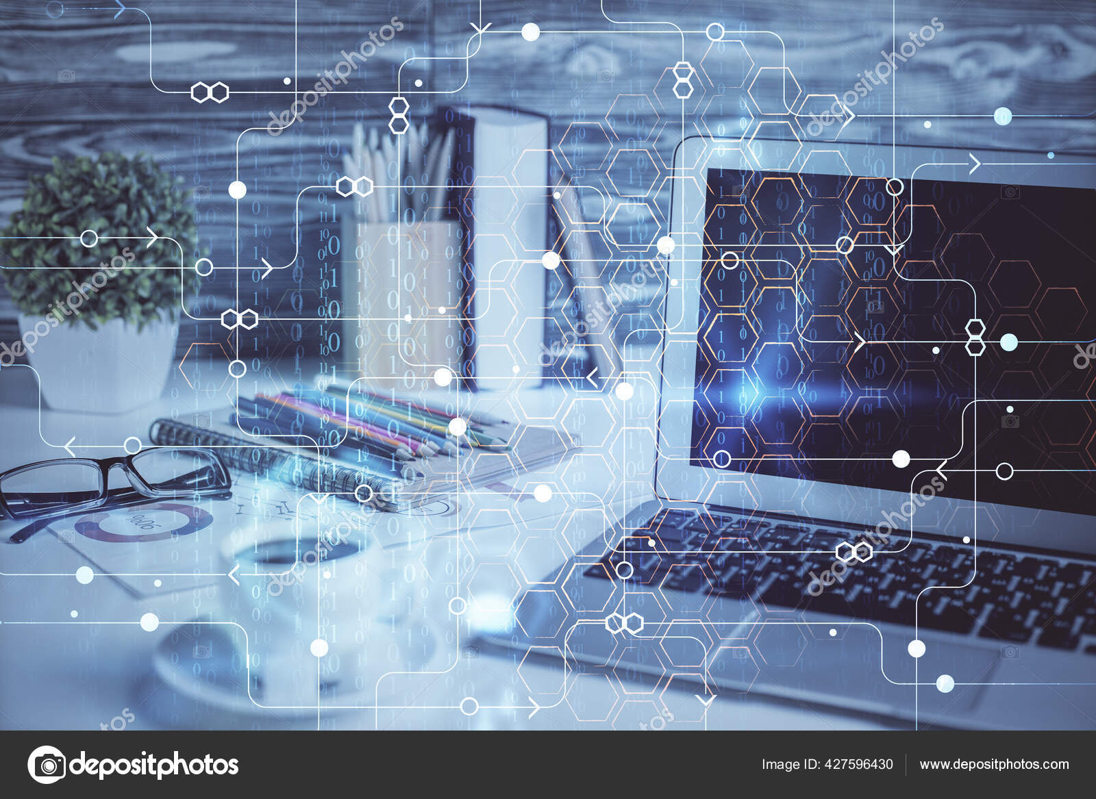 Multi exposure of desktop with computer on background and tech theme ...