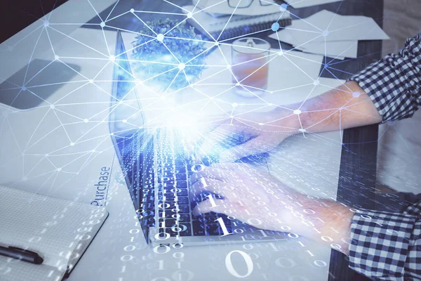 Multi exposure of tech drawings with man working on computer background ...