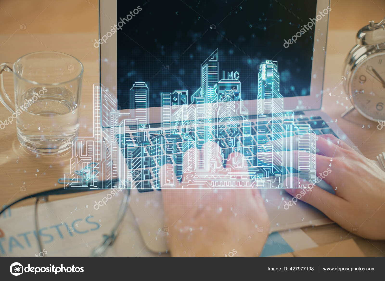 High Tech City Drawing Businessman Working Computer Background ...