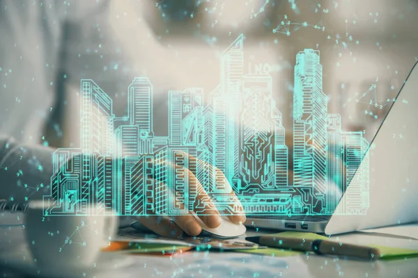 High Tech City Drawing Businessman Working Computer Background ...