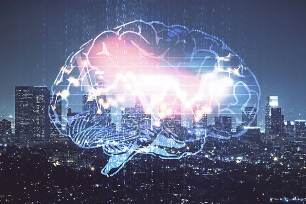 Brain hologram drawing on city scape background Double exposure ...