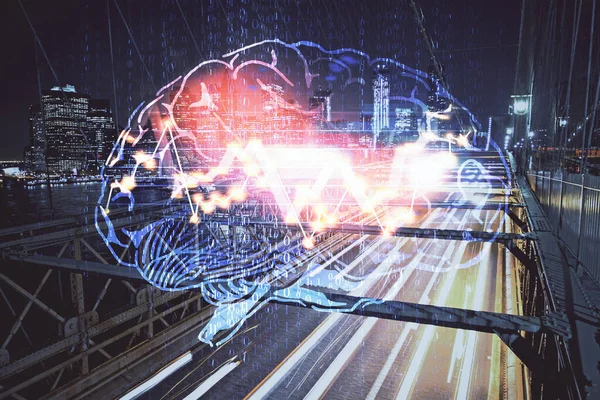 Brain hologram drawing on city scape background Double exposure ...