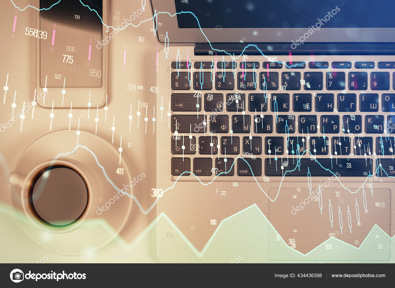 Stock market chart and top view computer on the table background. Multi ...