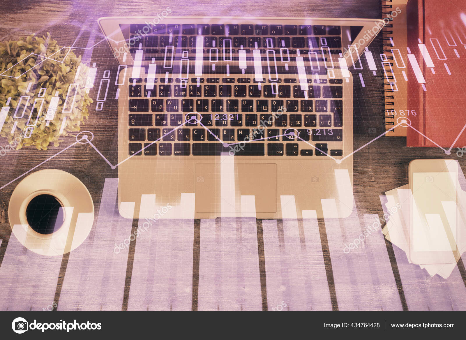 Stock market chart and top view computer on the table background. Multi ...