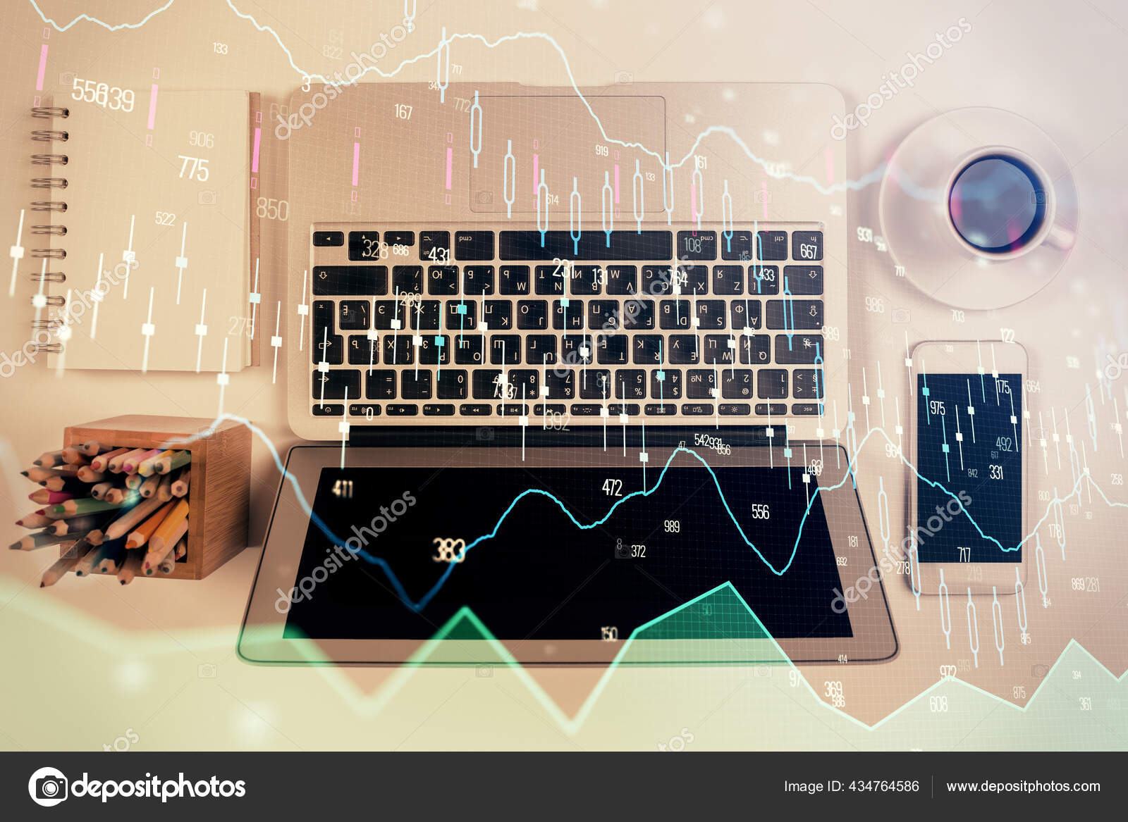 Stock market chart and top view computer on the table background. Multi ...