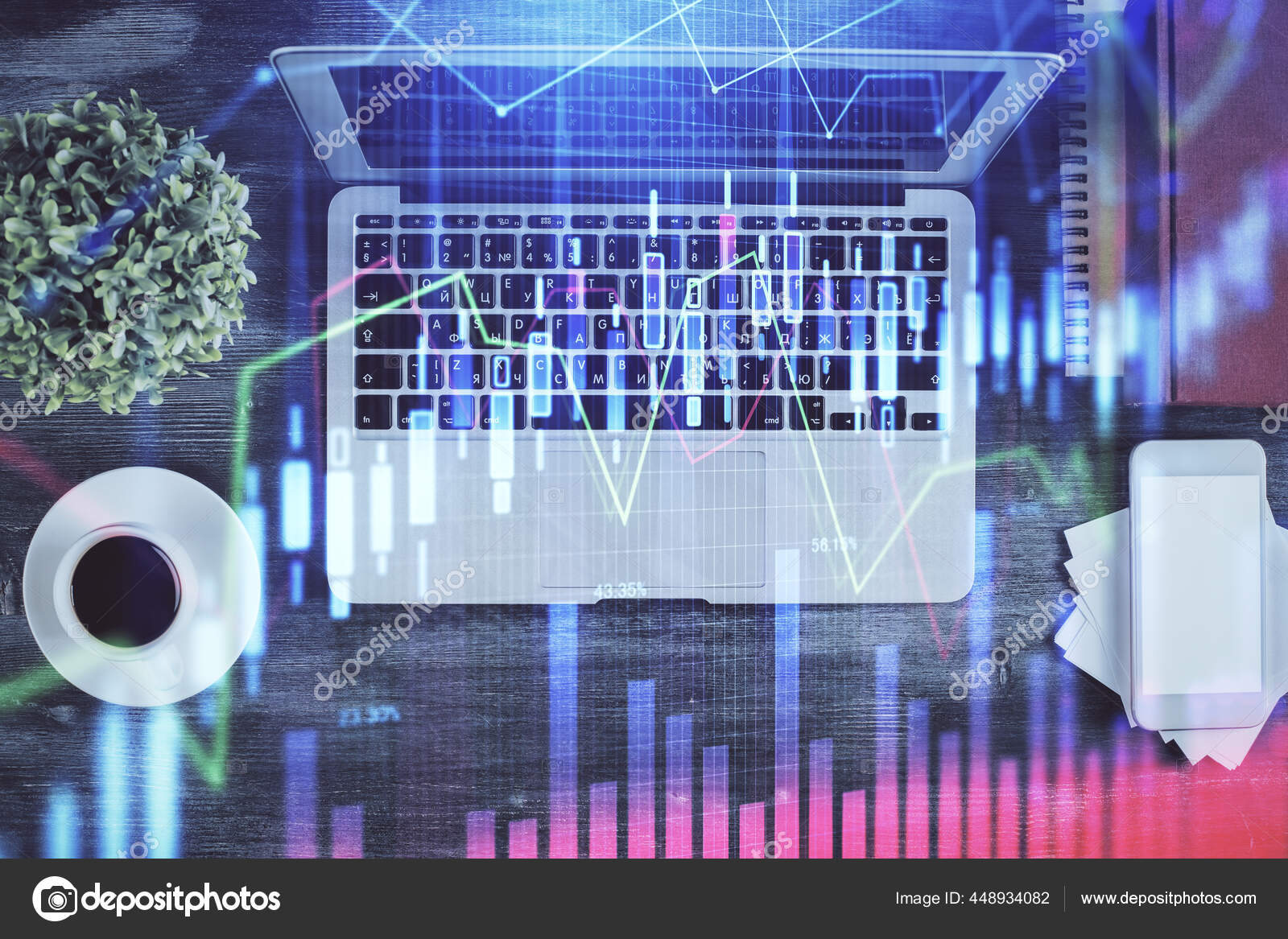 Stock market chart and top view computer on the table background ...