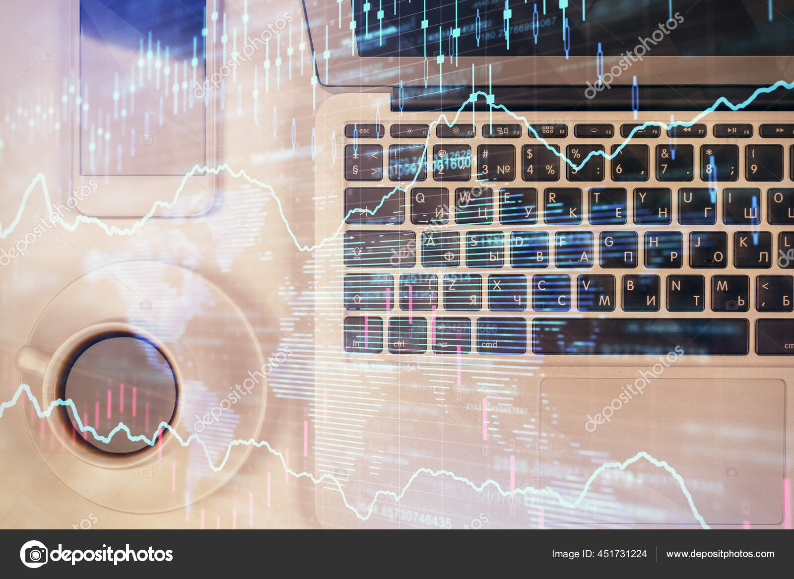 Stock market chart and top view computer on the table background. Multi ...