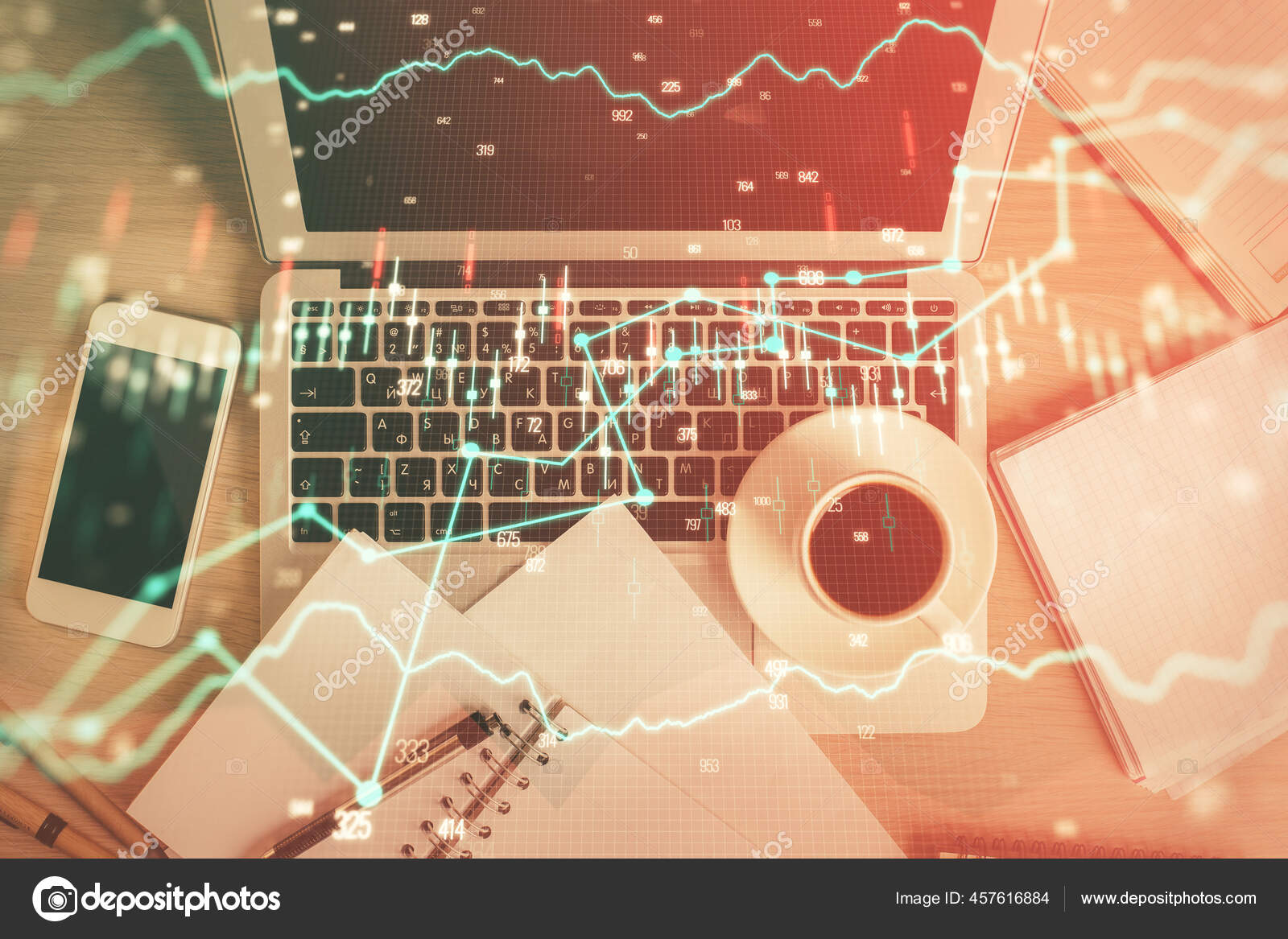 Stock market chart and top view computer on the table background ...