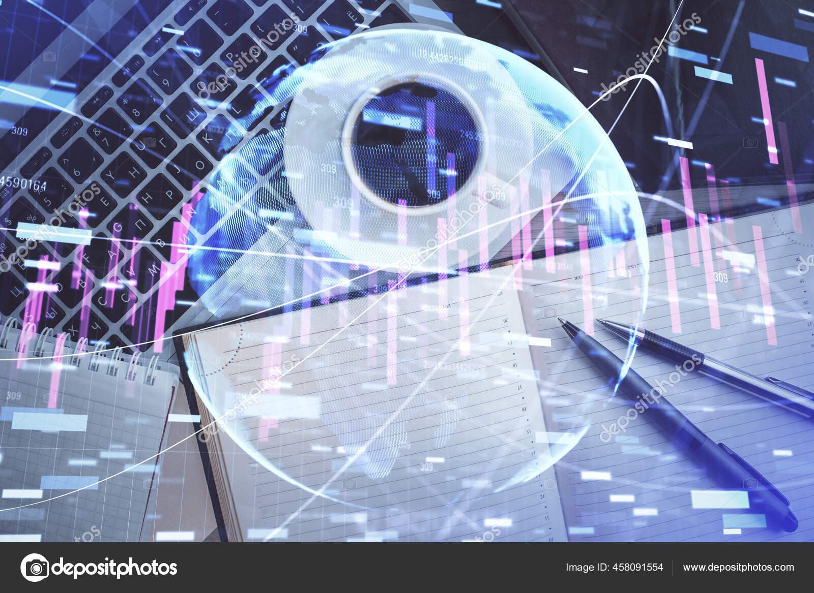 Stock market chart and top view computer on the table background ...