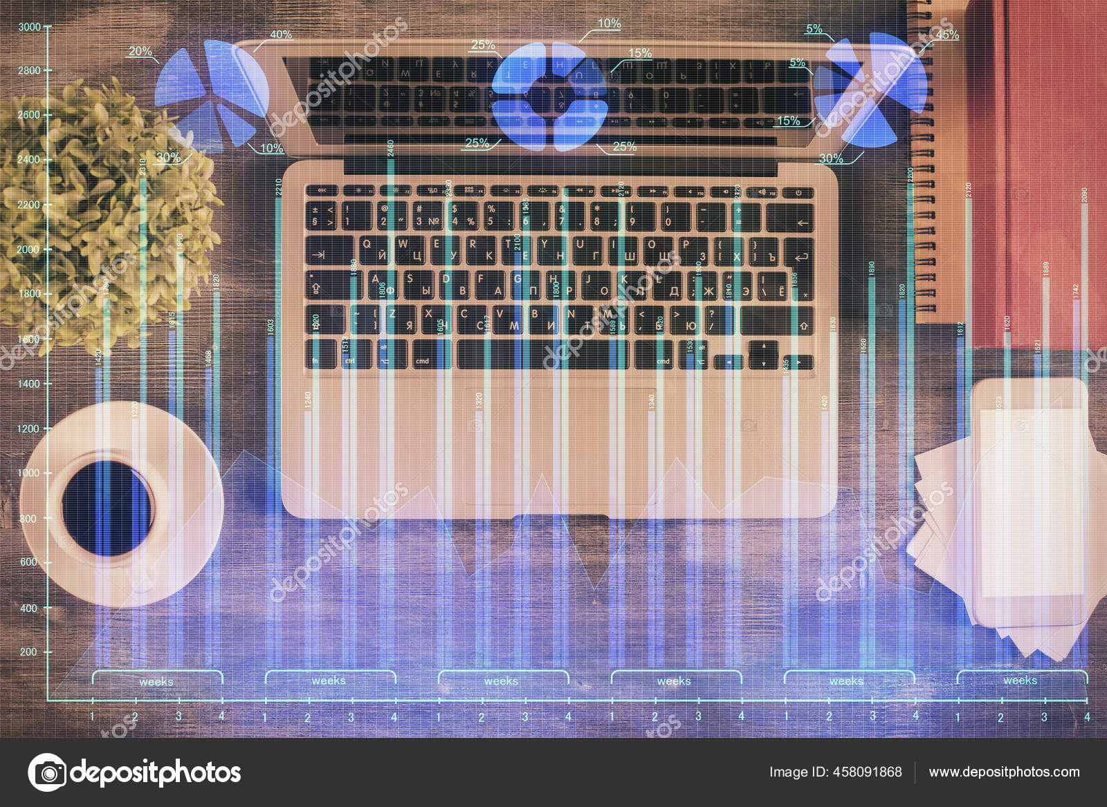 Stock market chart and top view computer on the table background ...