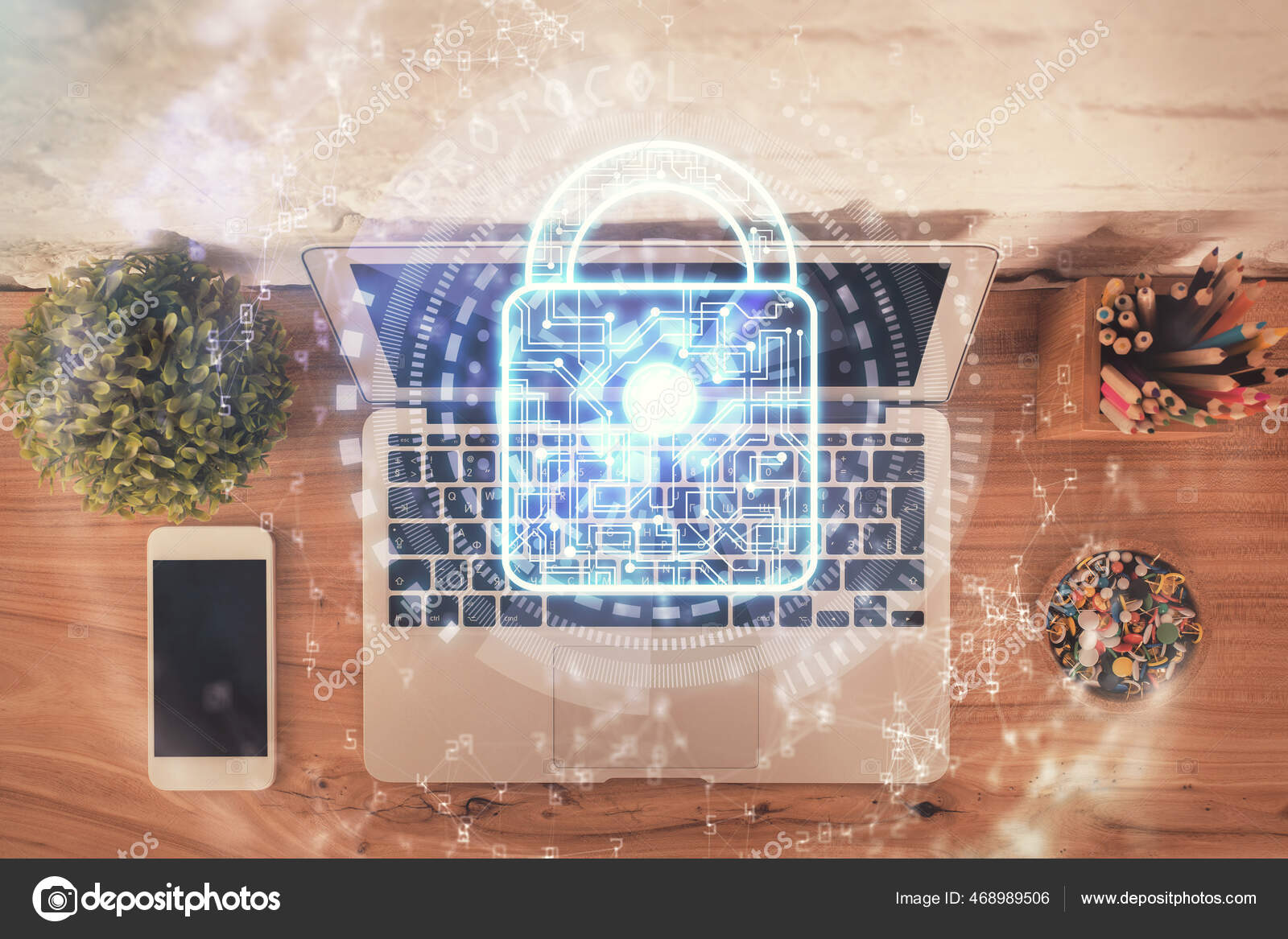 Double Exposure Lock Hologram Drawing Study Table Background Computer ...