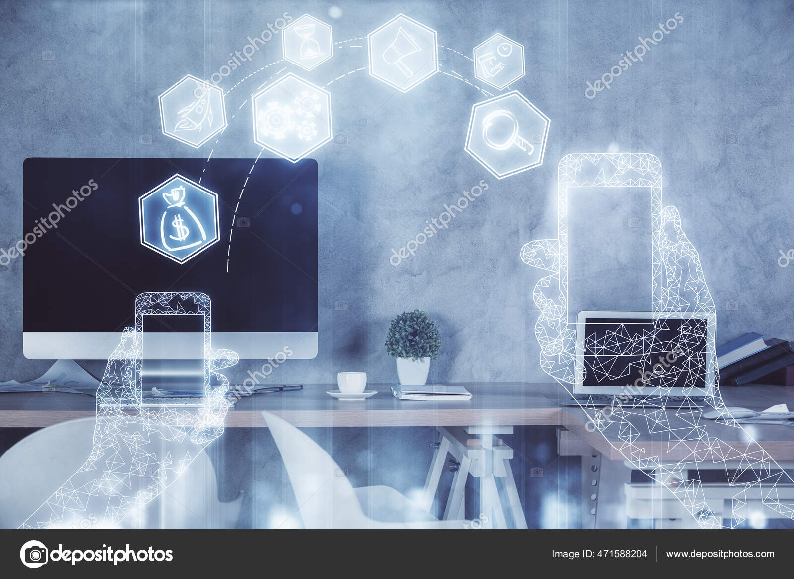 Double Exposure Tech Theme Drawings Office Interior Background ...