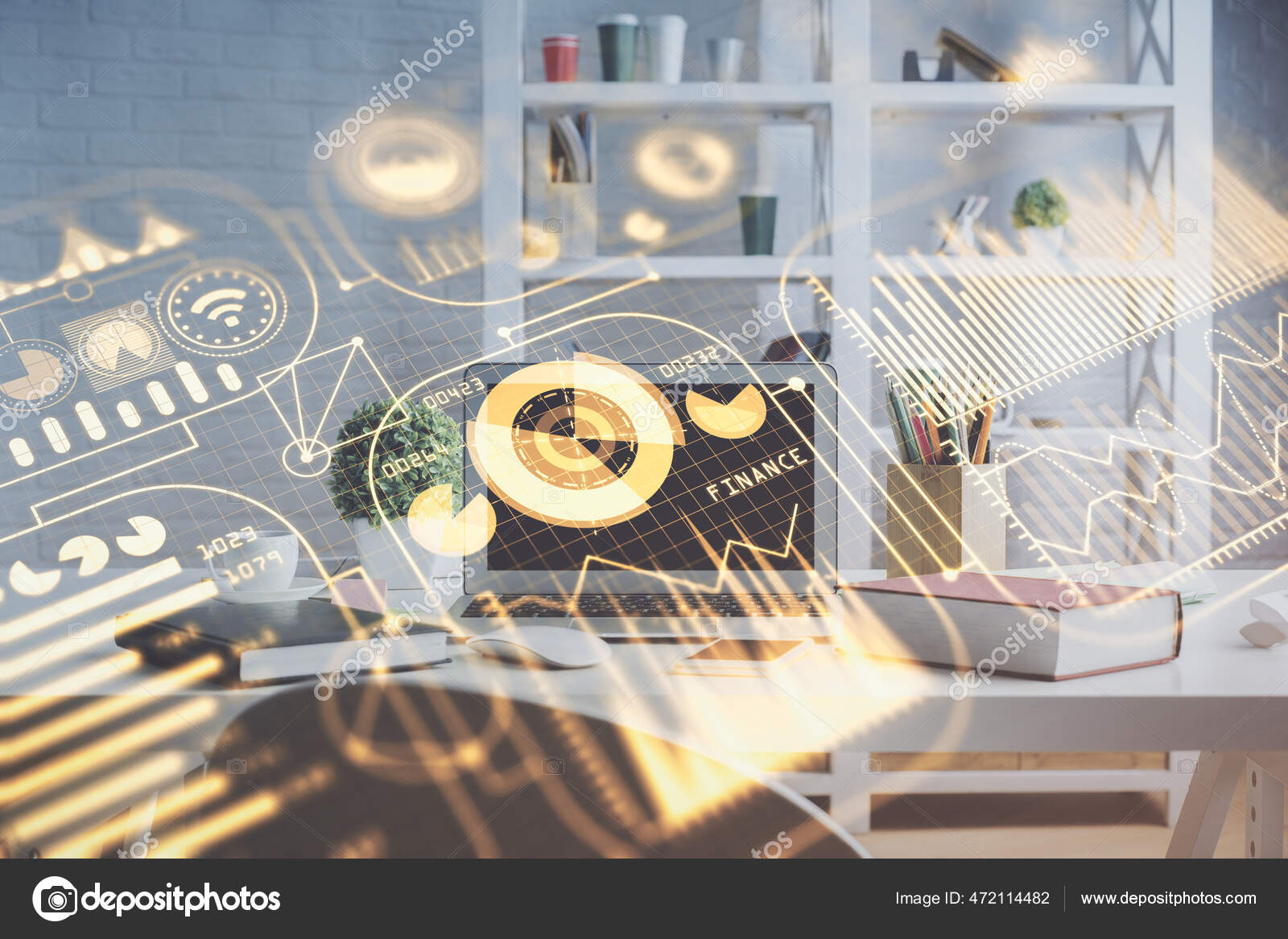 Double Exposure Tech Theme Drawings Office Interior Background ...