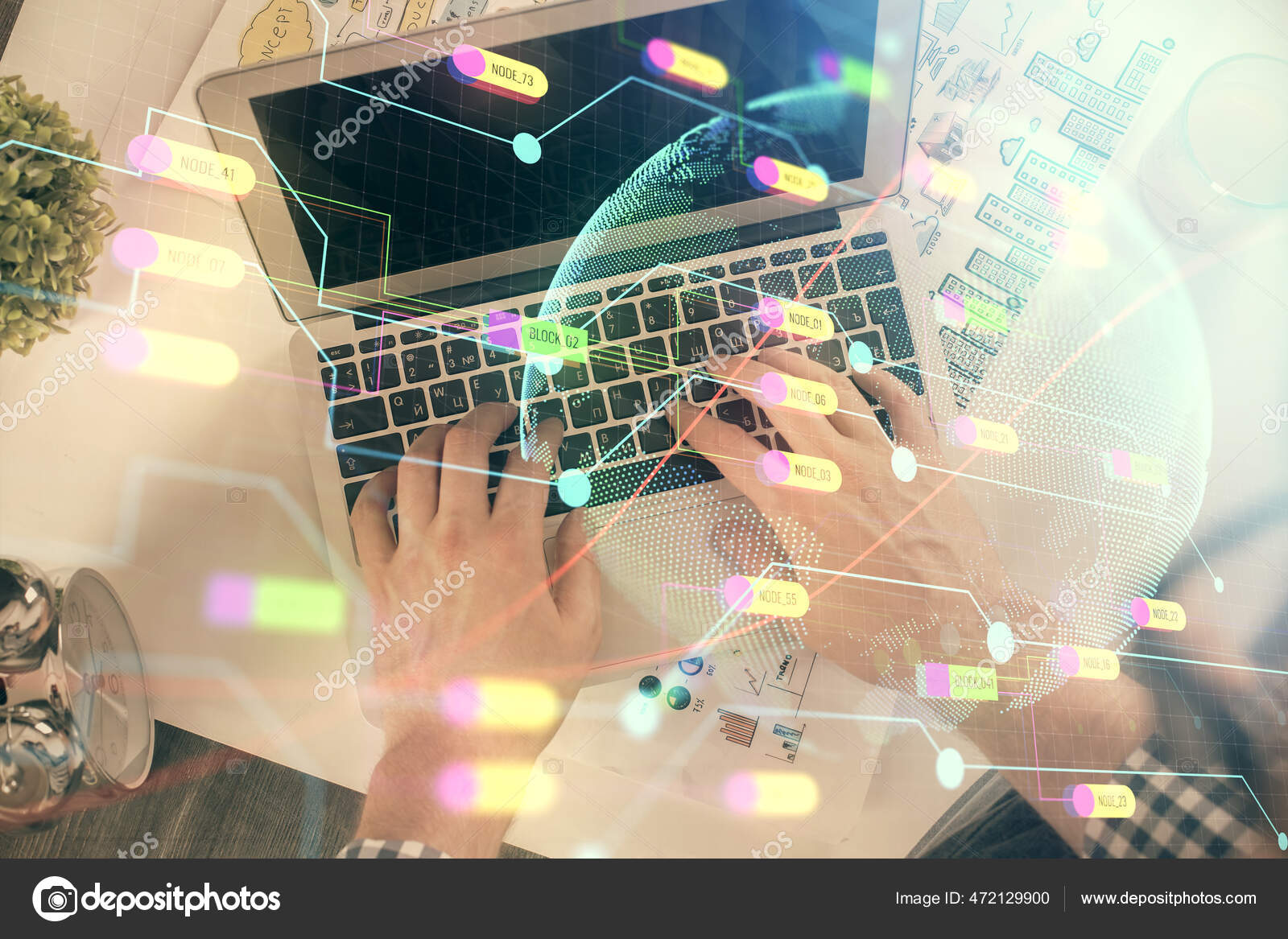 Multi Exposure Man's Hands Typing Computer Keyboard World Map Hologram — Stock Photo © peshkova ...