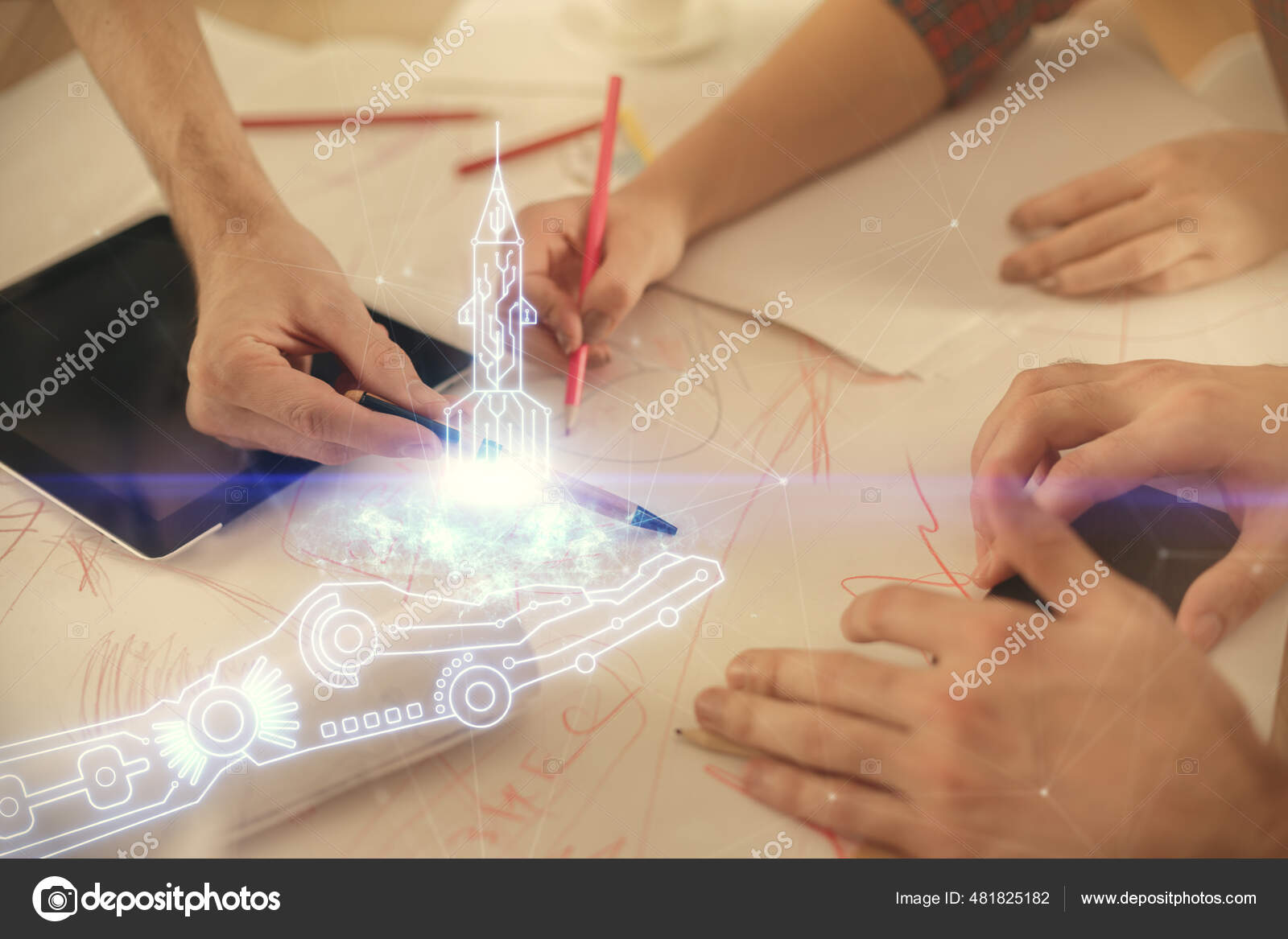 Double Exposure Creative Hologram Drawing Man Woman Working Together ...