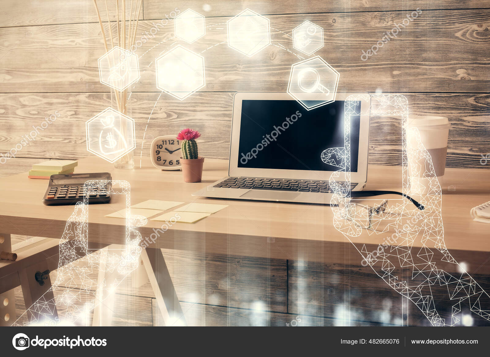 Double Exposure Tech Theme Drawings Office Interior Background ...