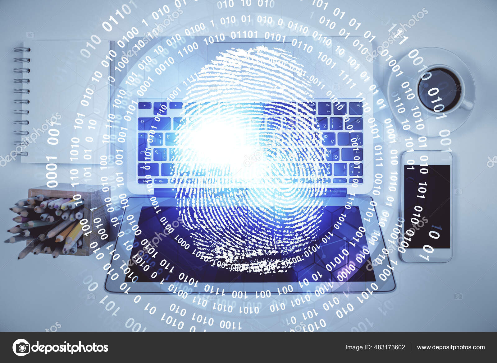 Finger Print Computer Desktop Background Top View Double Exposure ...