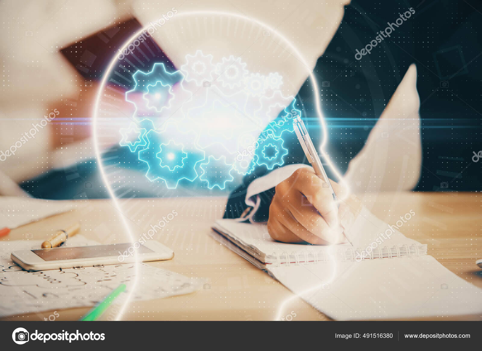 Double Exposure Brain Drawing People Taking Notes Background Concept ...