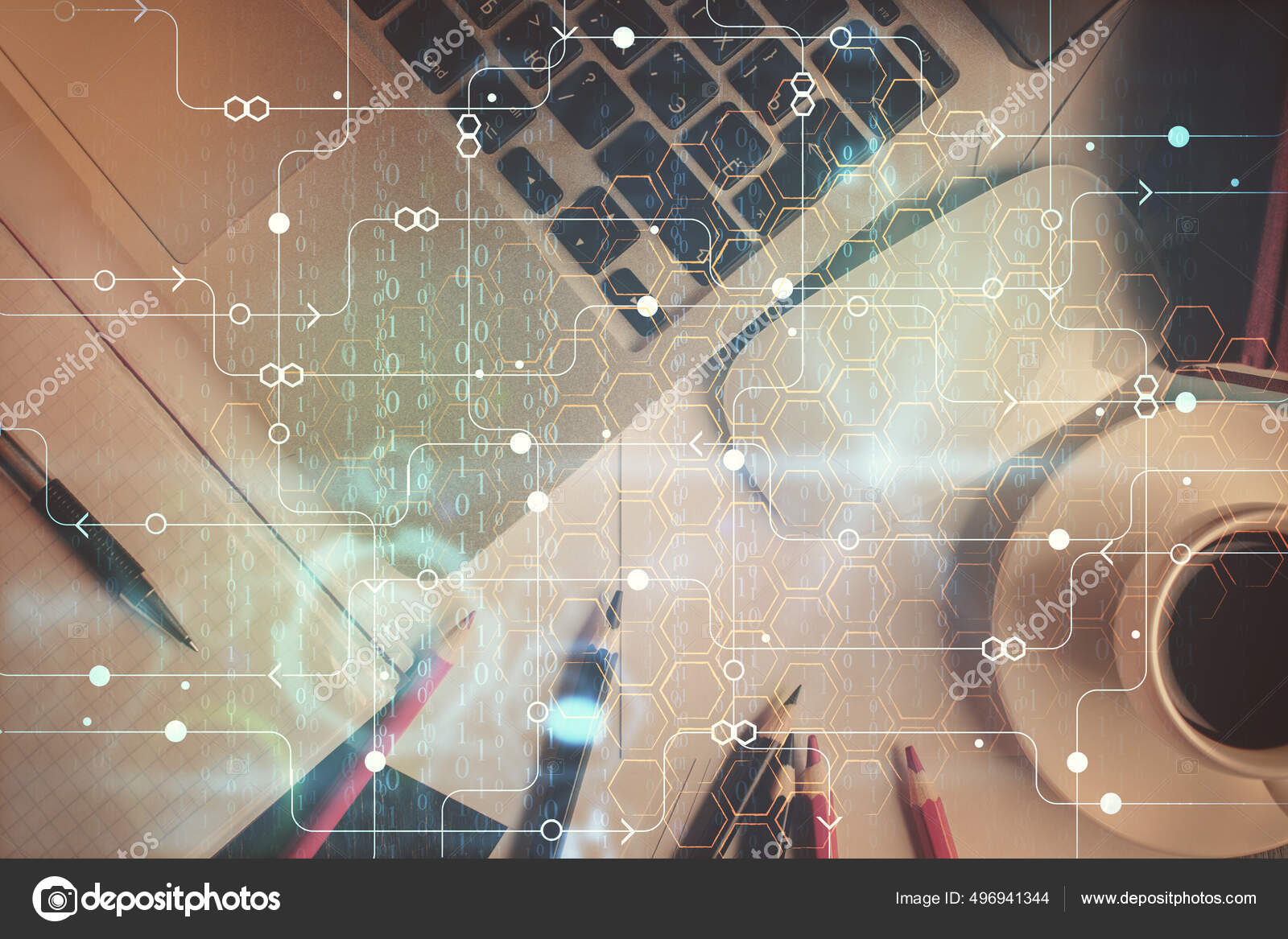 Double Exposure Data Drawing Hologram Topview Study Desk Background ...