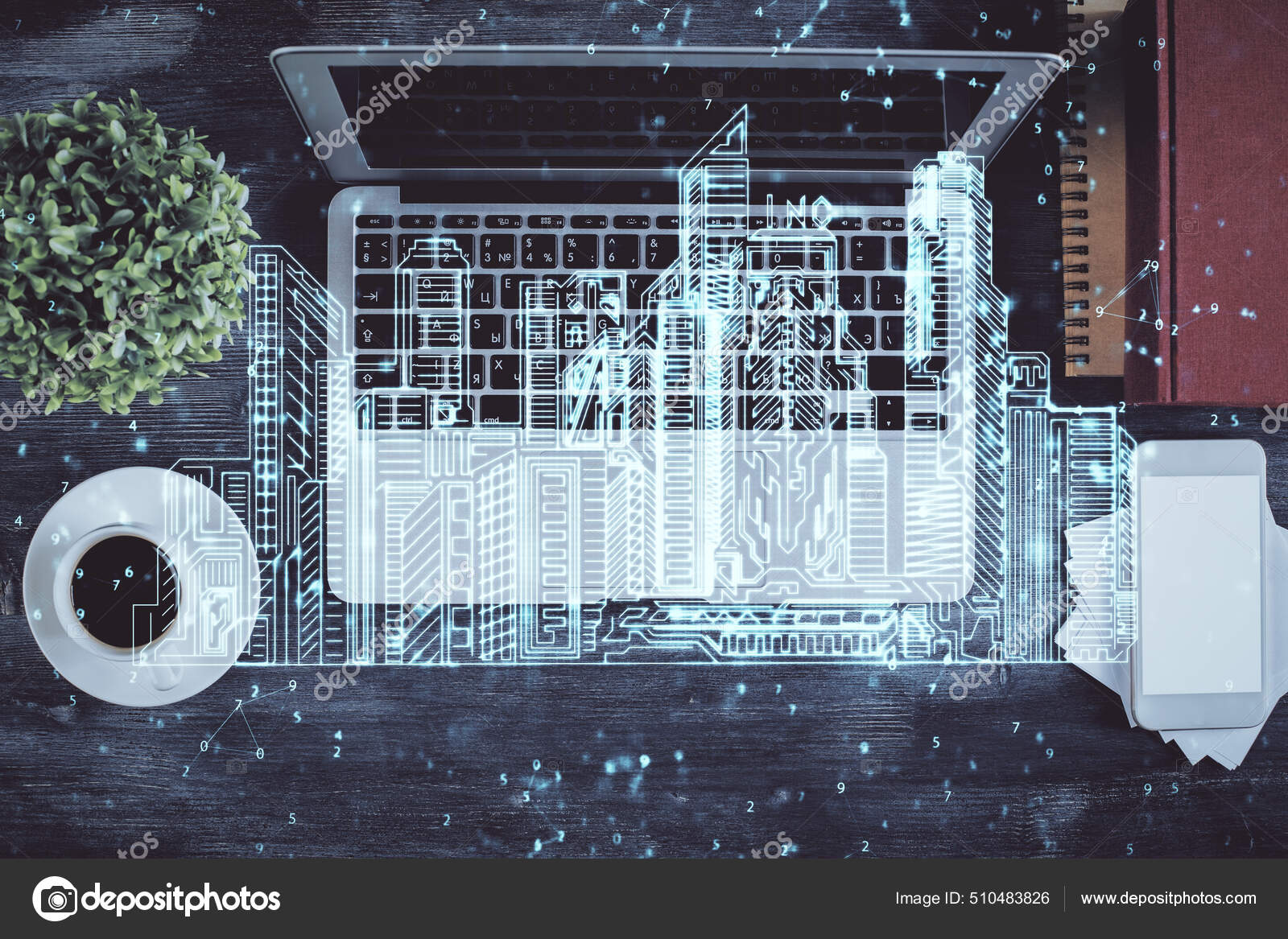 City Drawing Computer Desktop Background Top View Double Exposure Smart ...