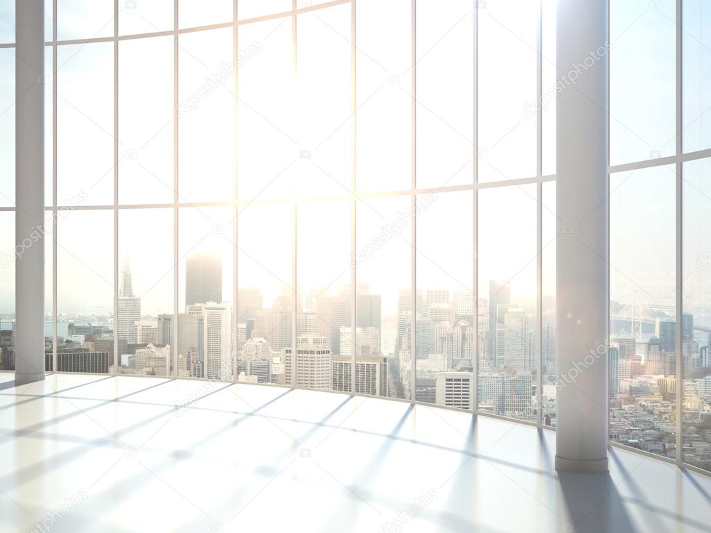 Sunny interior with big window to city Stock Photo by ©peshkova 96011014