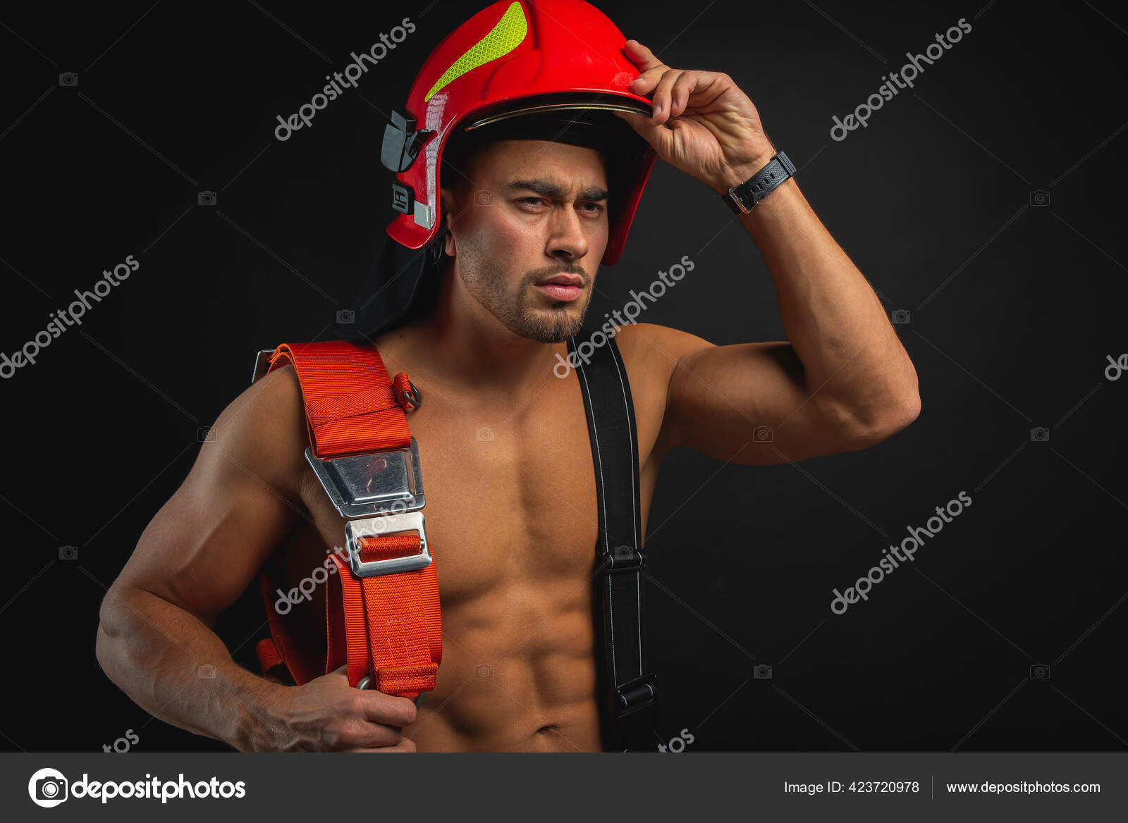 Portrait Muscular Handsome Firefighter Dark Background Holding Fire ...