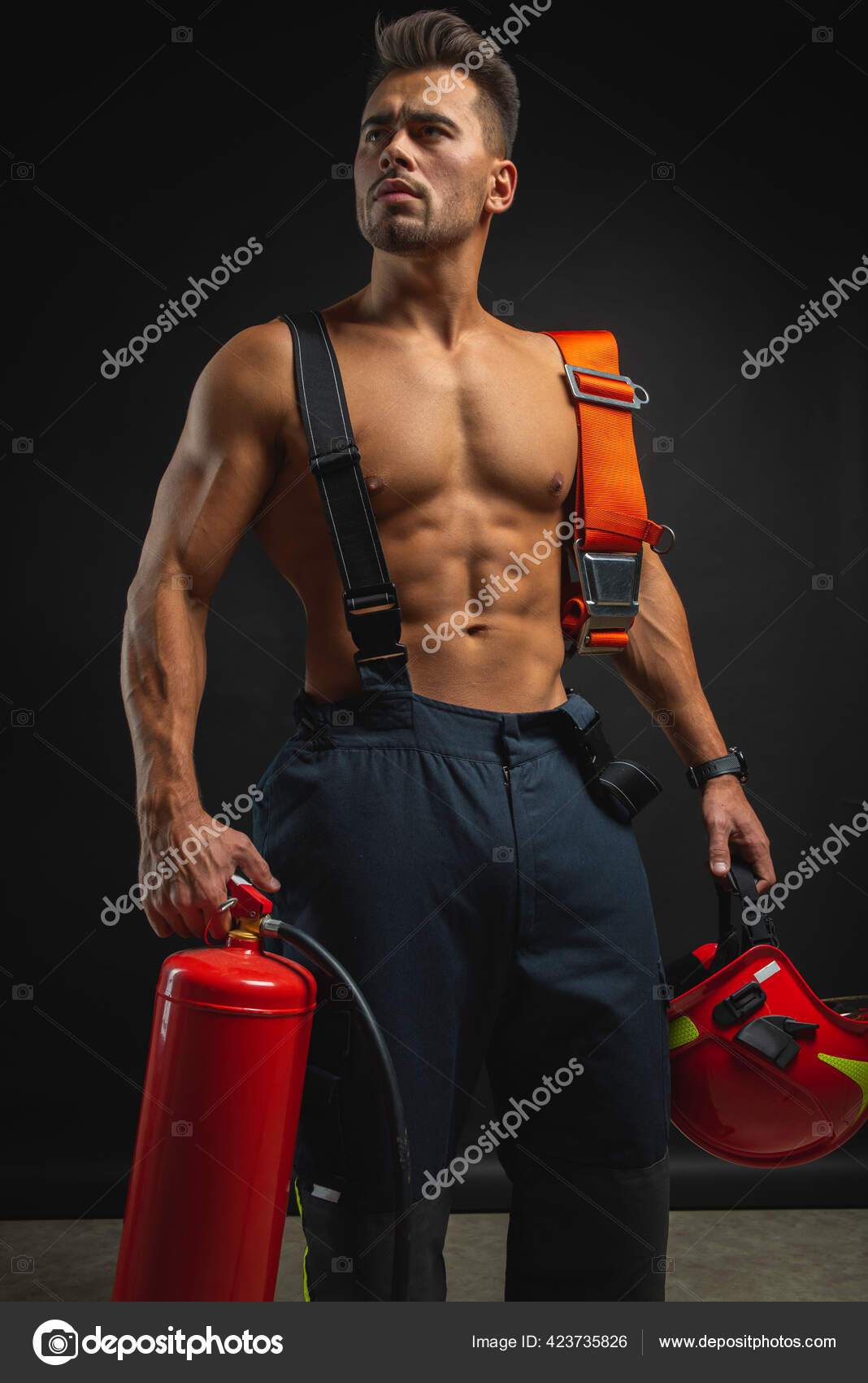 Portrait Muscular Handsome Firefighter Dark Background Holding Fire ...