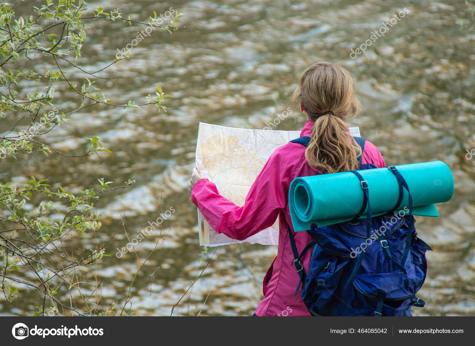 Woman Hiking Map Backpack Nature Stock Photo by ©carballo 464085042