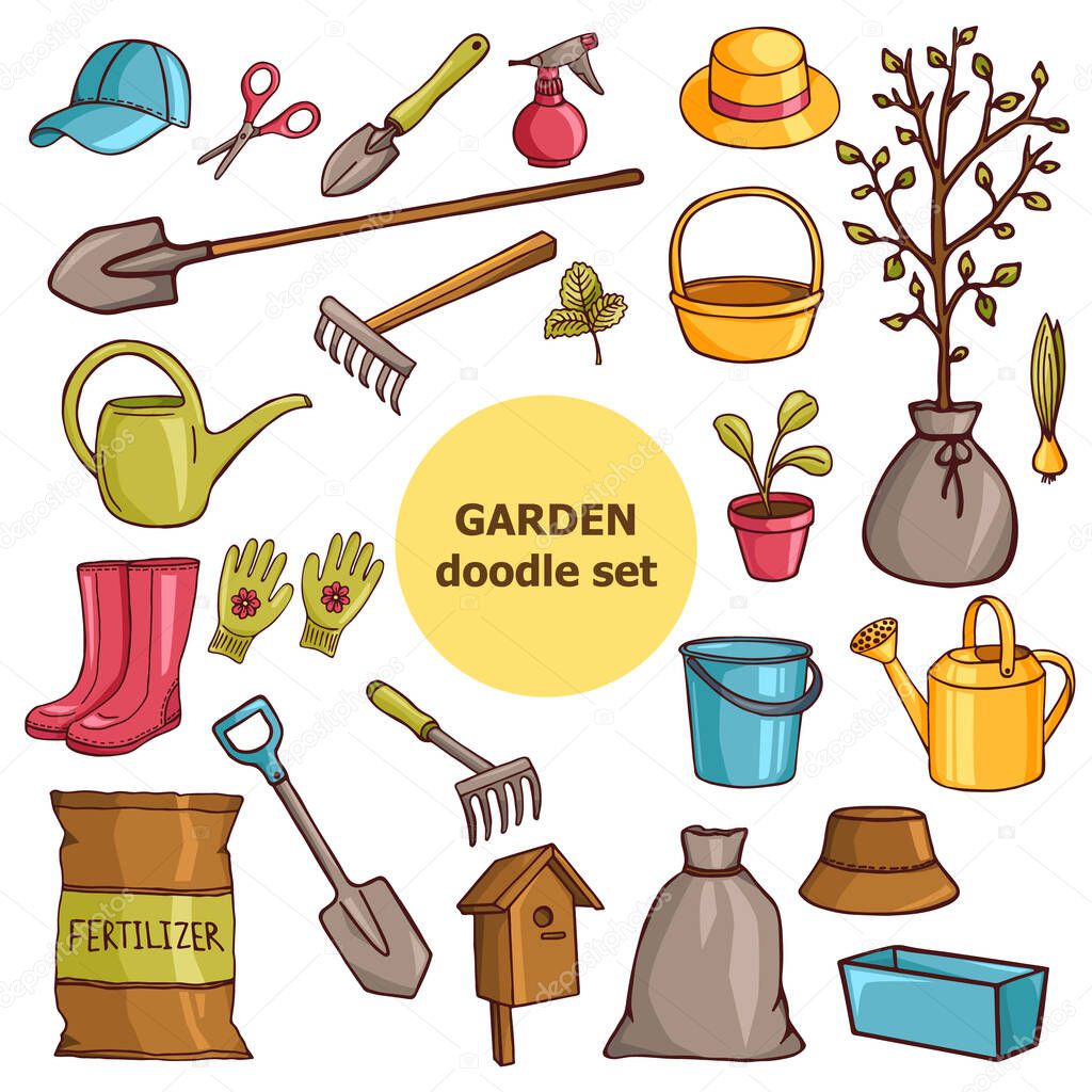 Doodle conjunto de elementos de huerta. Herramientas de jardín. Vector ...