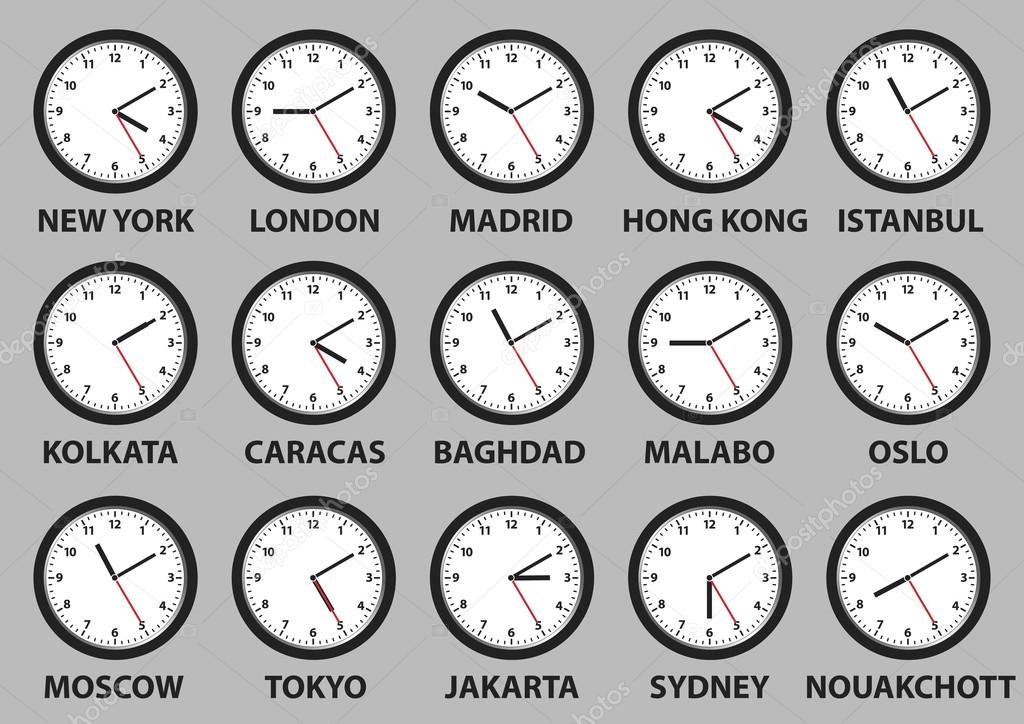 Clock faces with time differences in some world cities — Stock Vector ...