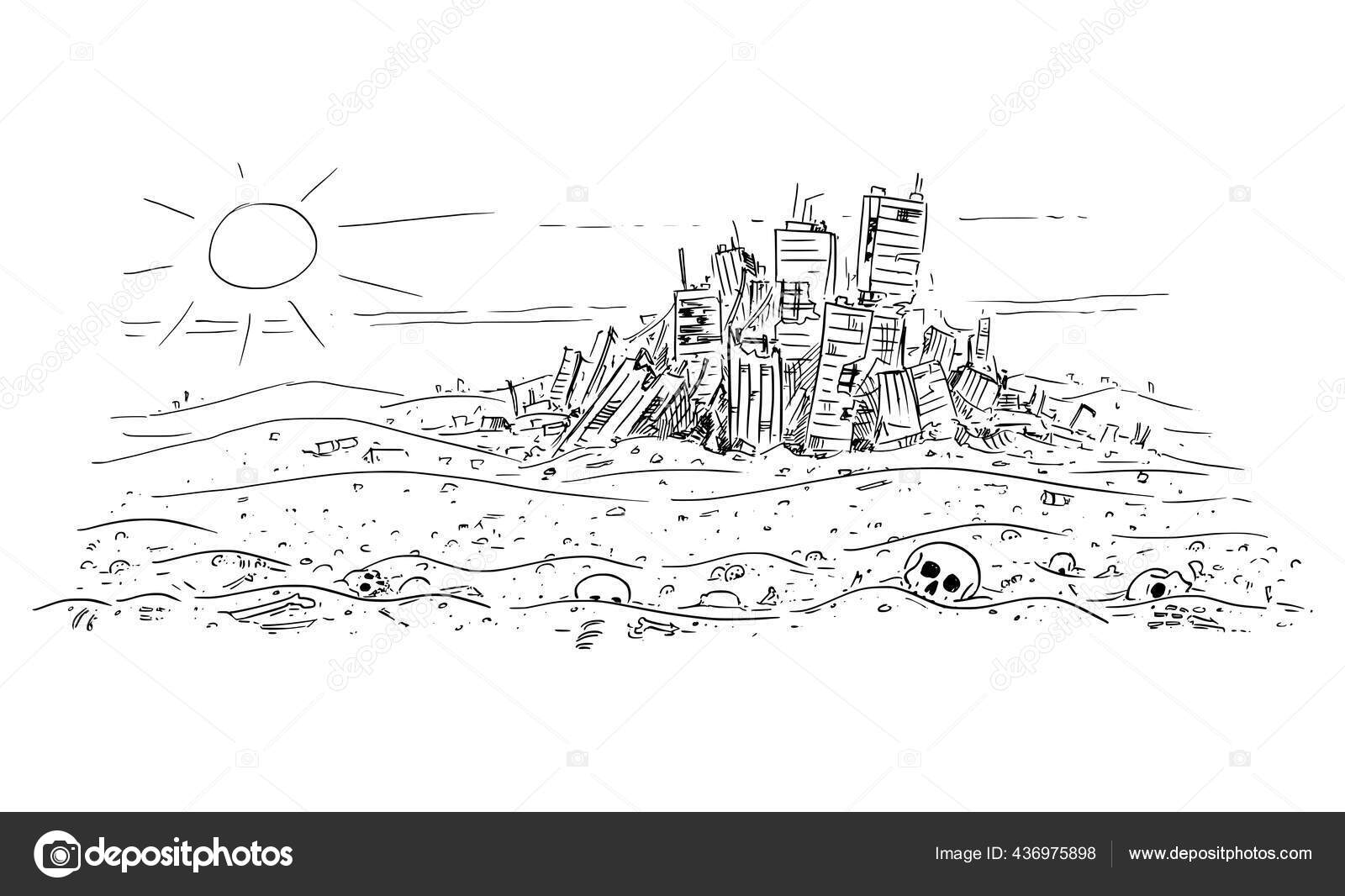 Vector Cartoon Illustration of Desert Landscape With Skulls and Bones ...