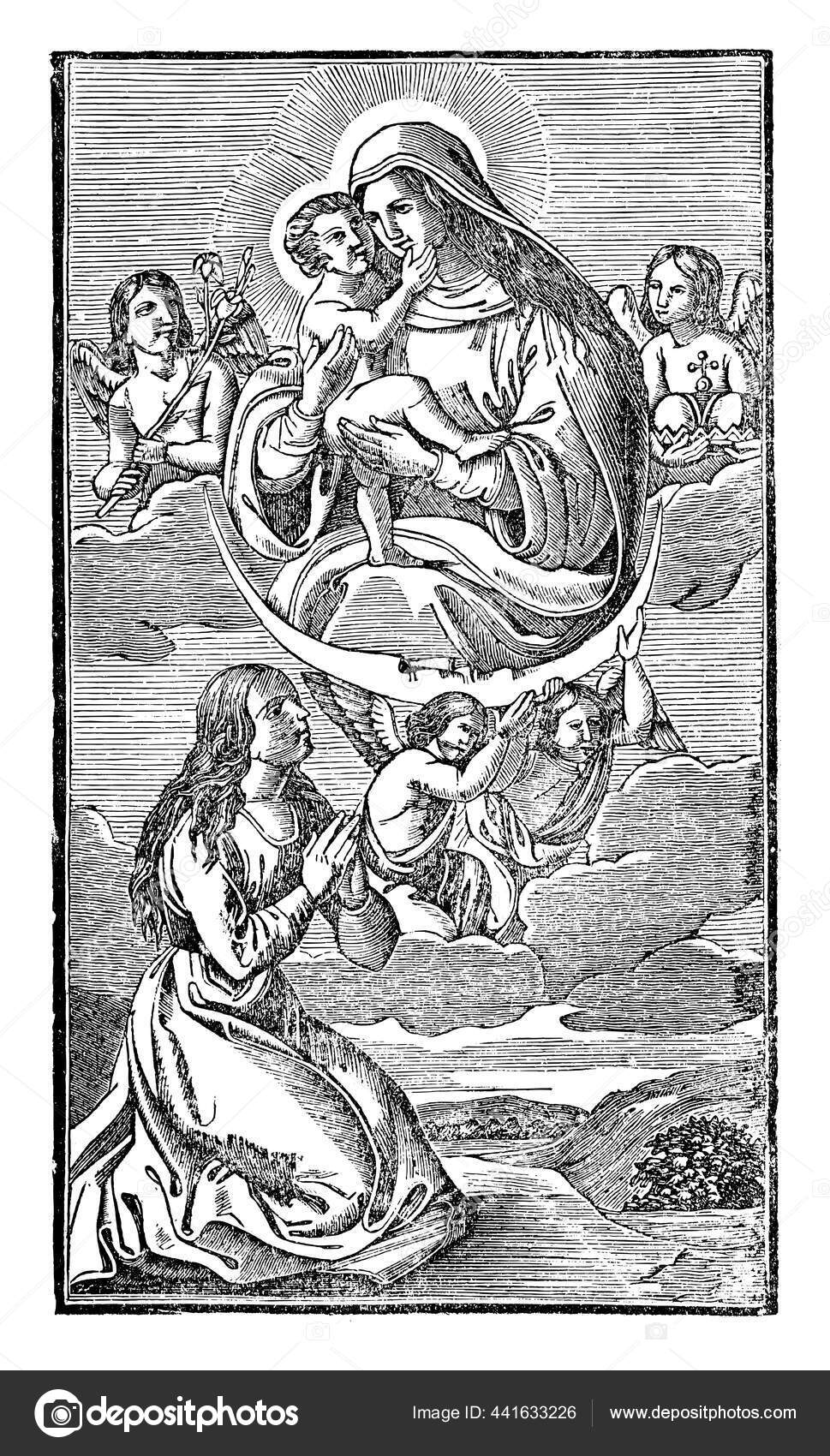 Vintage Antique Religious Biblical Drawing or Engraving of Virgin Mary ...