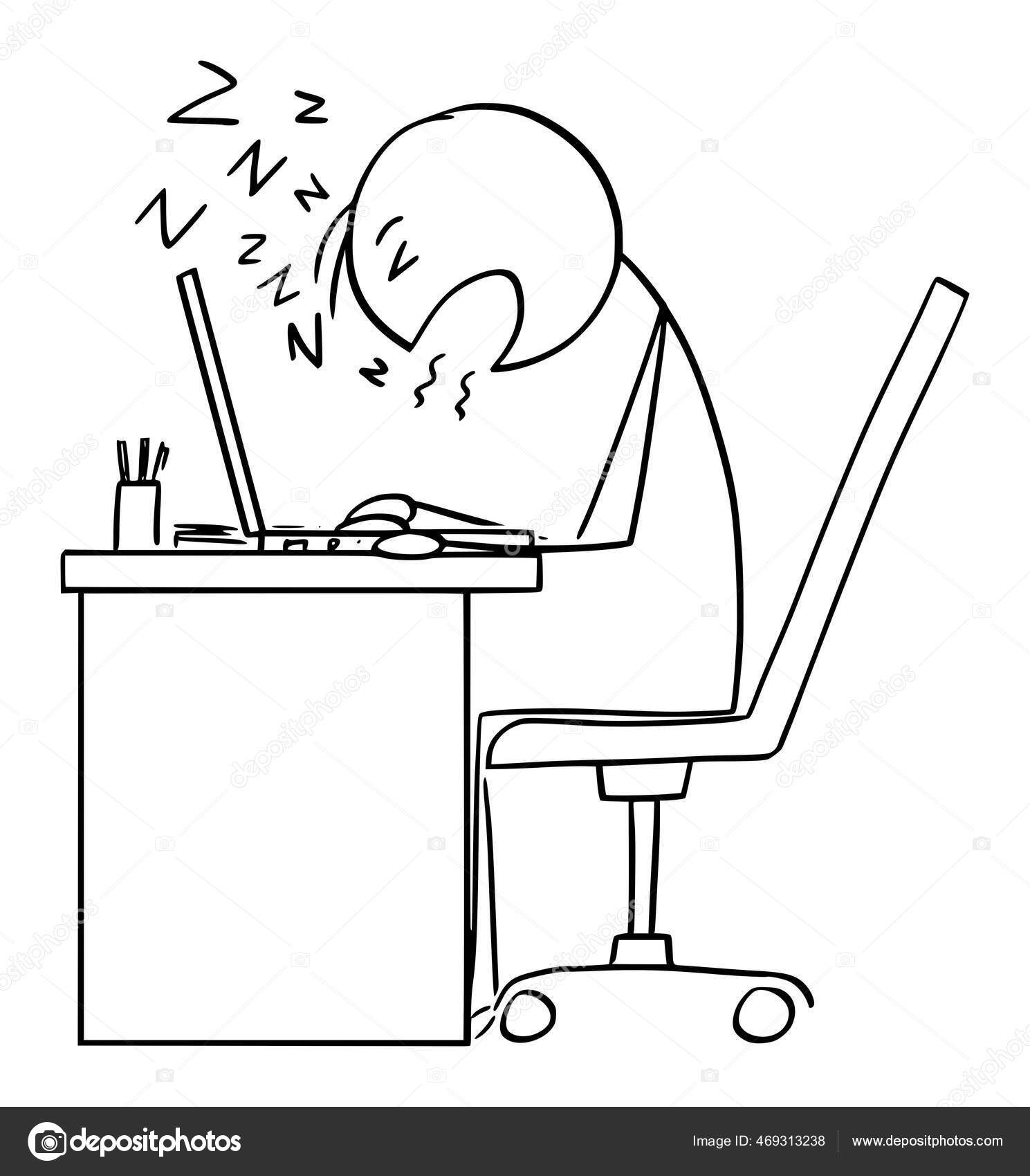 Office Worker or Businessman Sleeping While Working on Computer, Vector ...