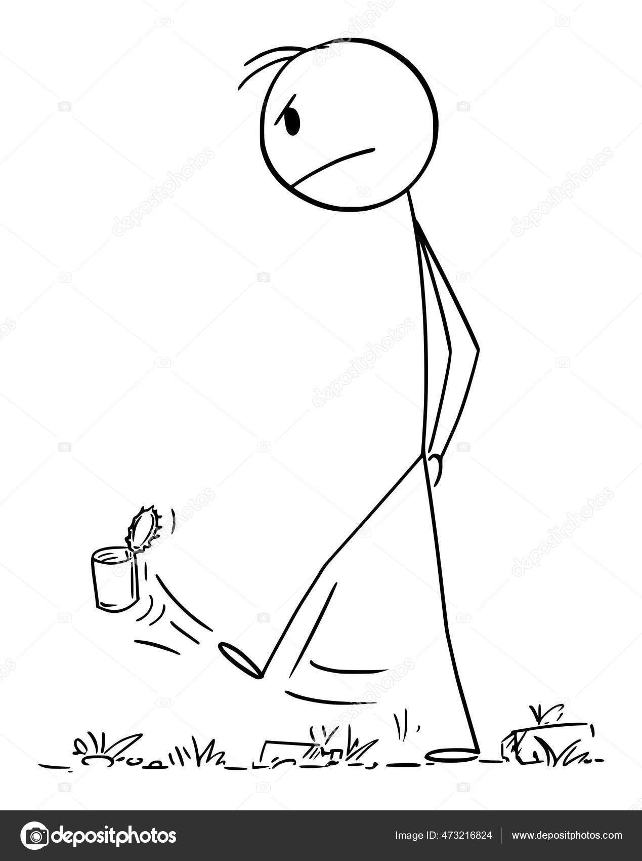 Angry Frustrated Man Walking and Kicking the Garbage, Vector Cartoon ...