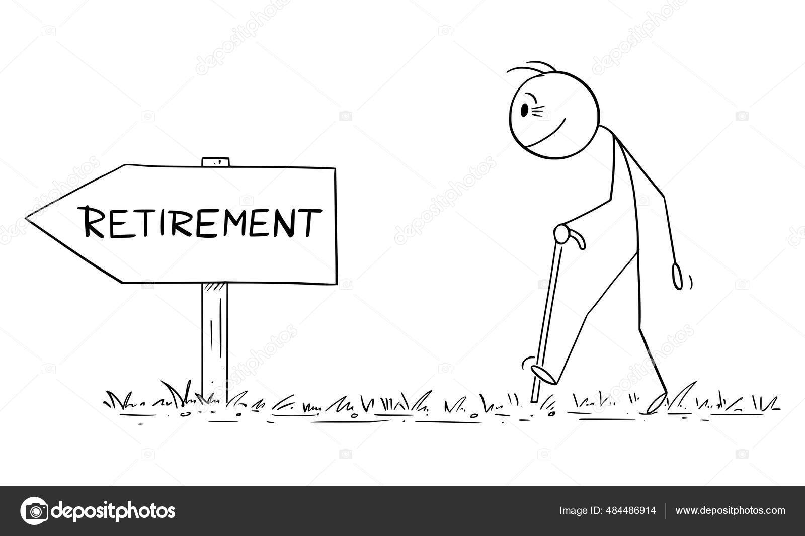 Old age Worker with Walking Stick Following Retirement Arrow Sign ...